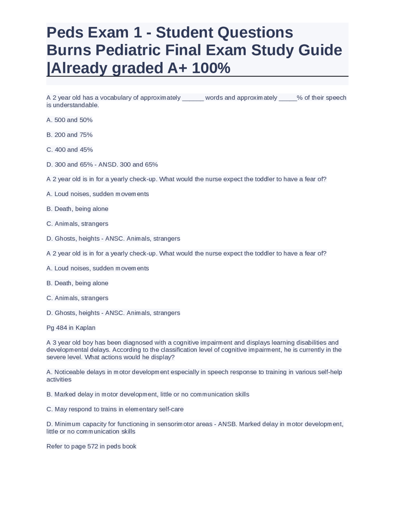 Peds Exam 1 Study Guide: Pediatric Nursing Questions and Answers ...