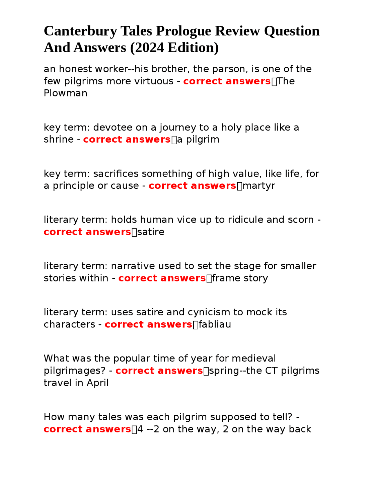 Canterbury Tales Prologue Review Questions and Answers (2024 Edition ...