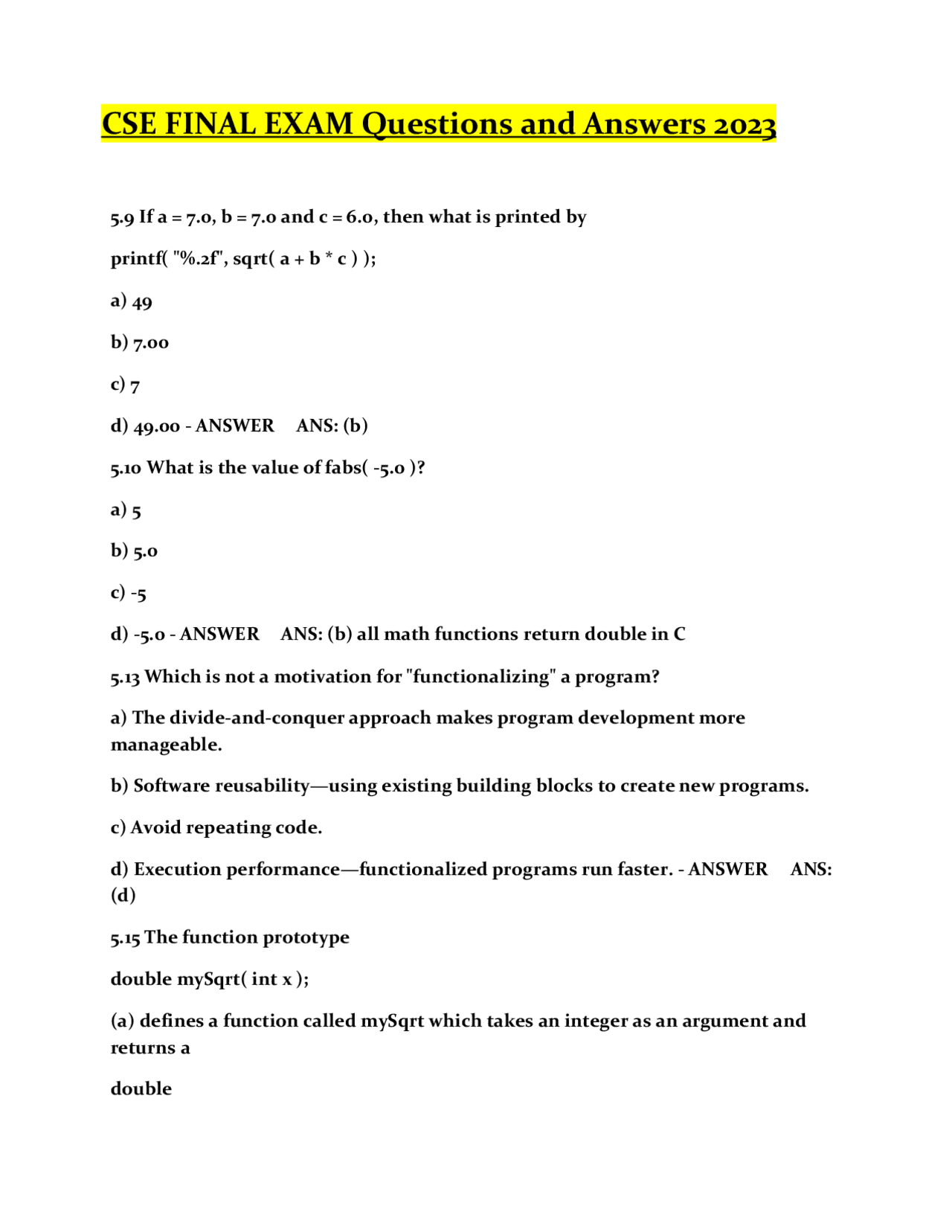 CSE FINAL EXAM Questions and Answers 2023 | Exams Mathematics | Docsity