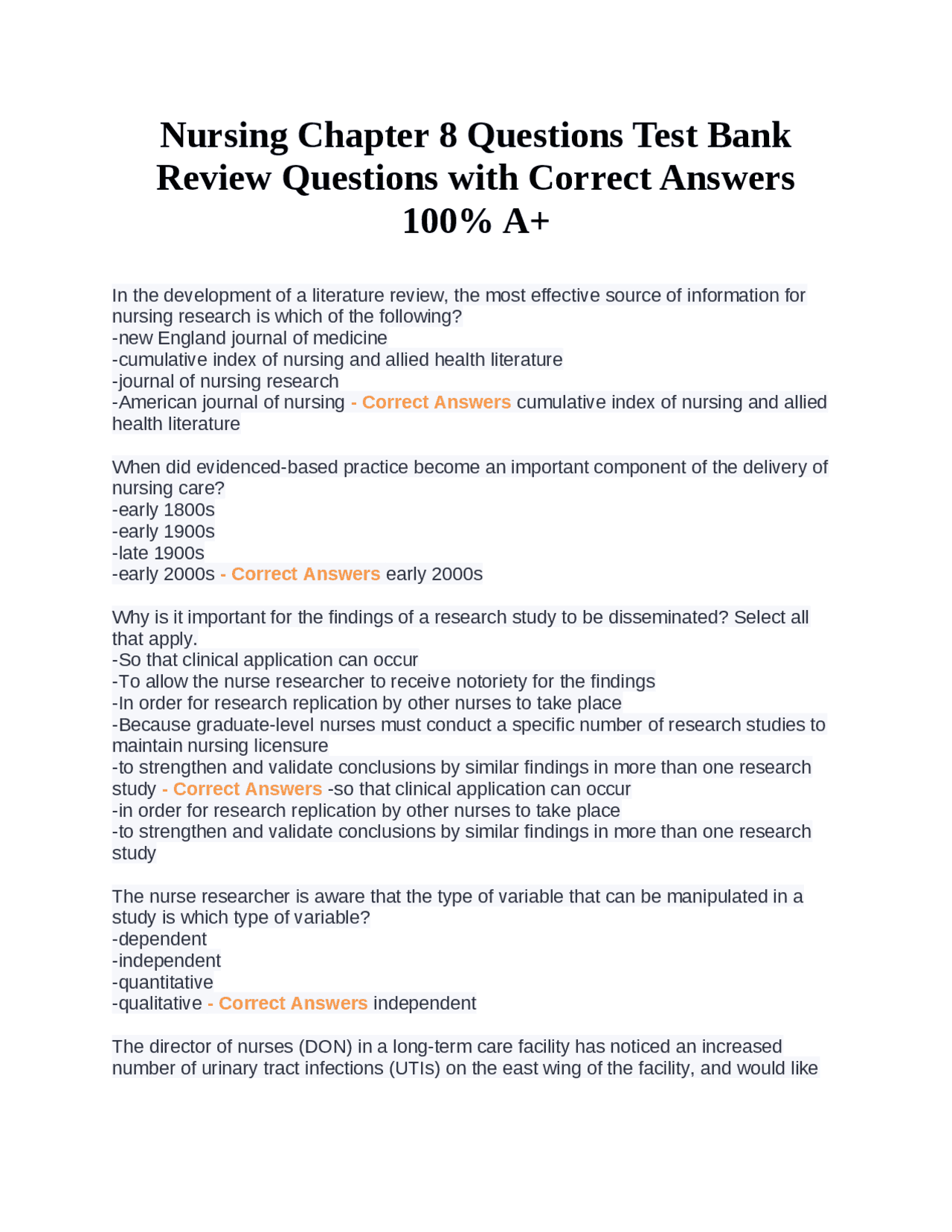 Nursing Chapter 8 Questions Test Bank Review Questions With Correct Answers 100 A Exams