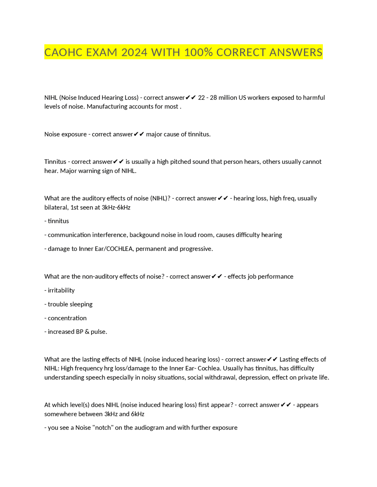 CAOHC EXAM 2024 WITH 100% CORRECT ANSWERS | Exams Nursing | Docsity