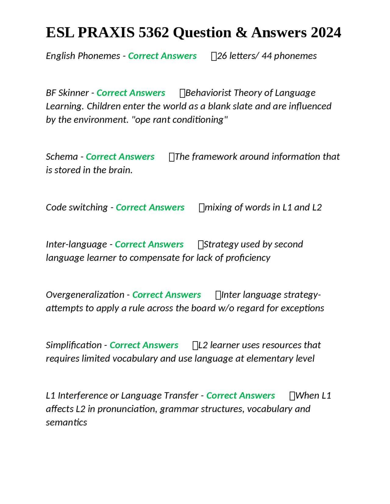 ESL PRAXIS 5362 Q&A 2024: Teaching English to Speakers of Other ...