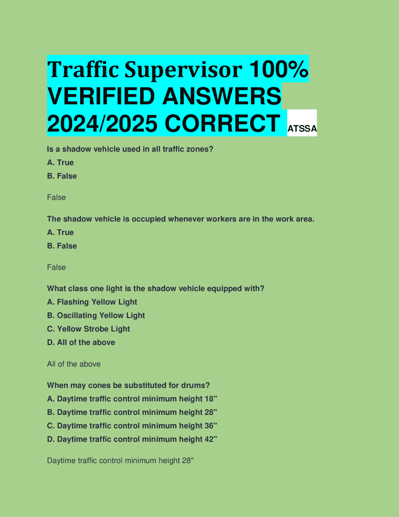 Traffic Supervisor 100% VERIFIED ANSWERS 2024/2025 CORRECT ATSSA ...