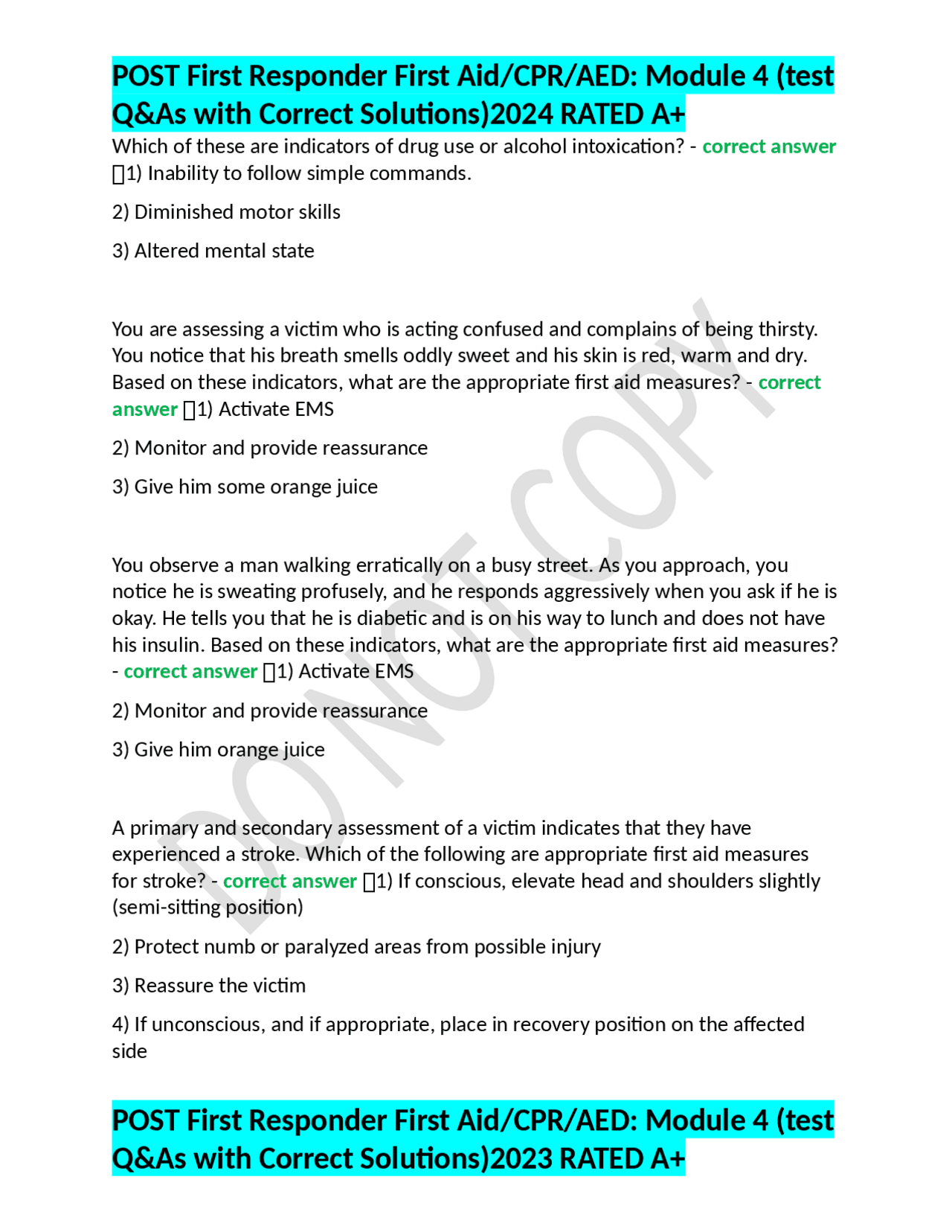 POST First Responder First Aid/CPR/AED: Module 4 (test Q&As with ...