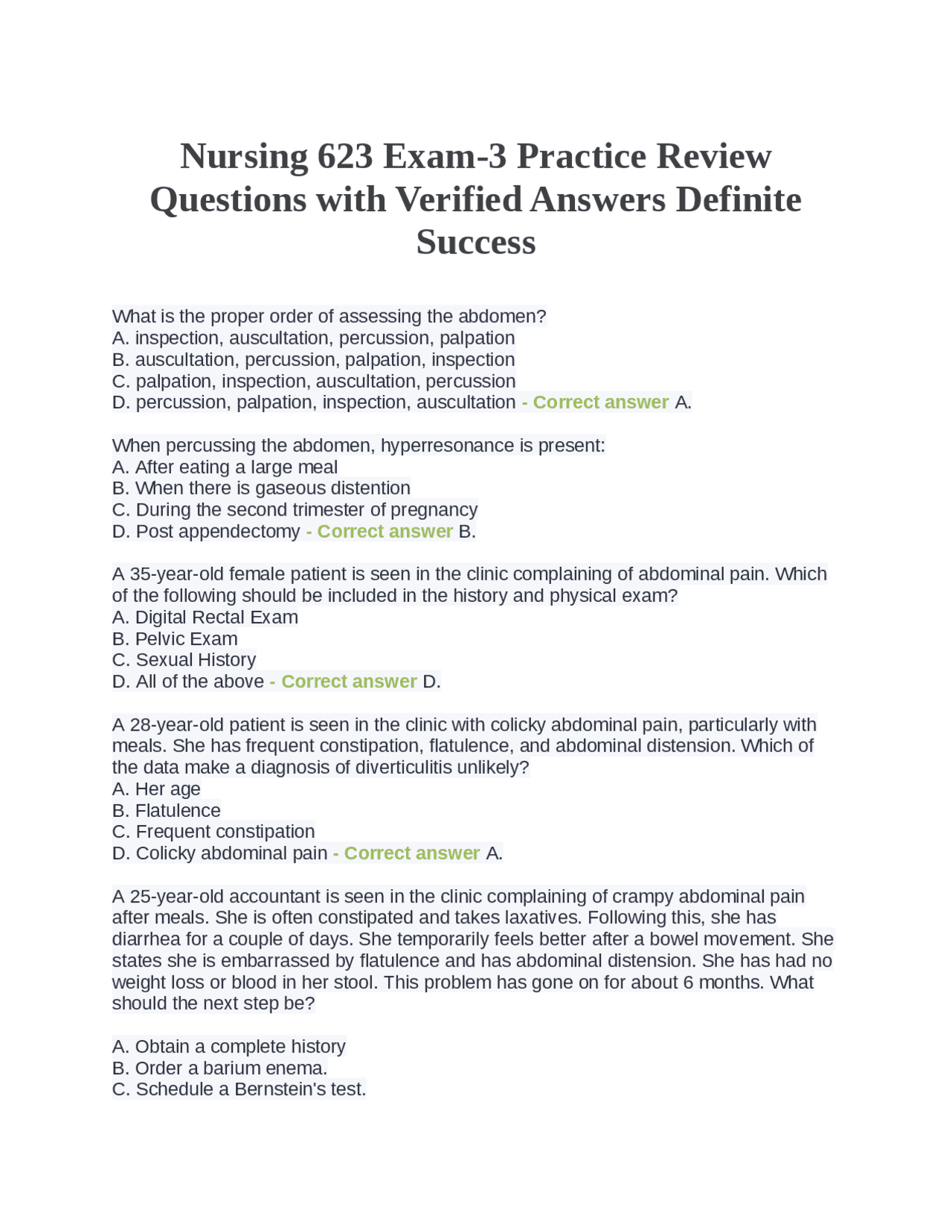 Nursing 623 Exam-3 Practice Review Questions with Verified Answers ...