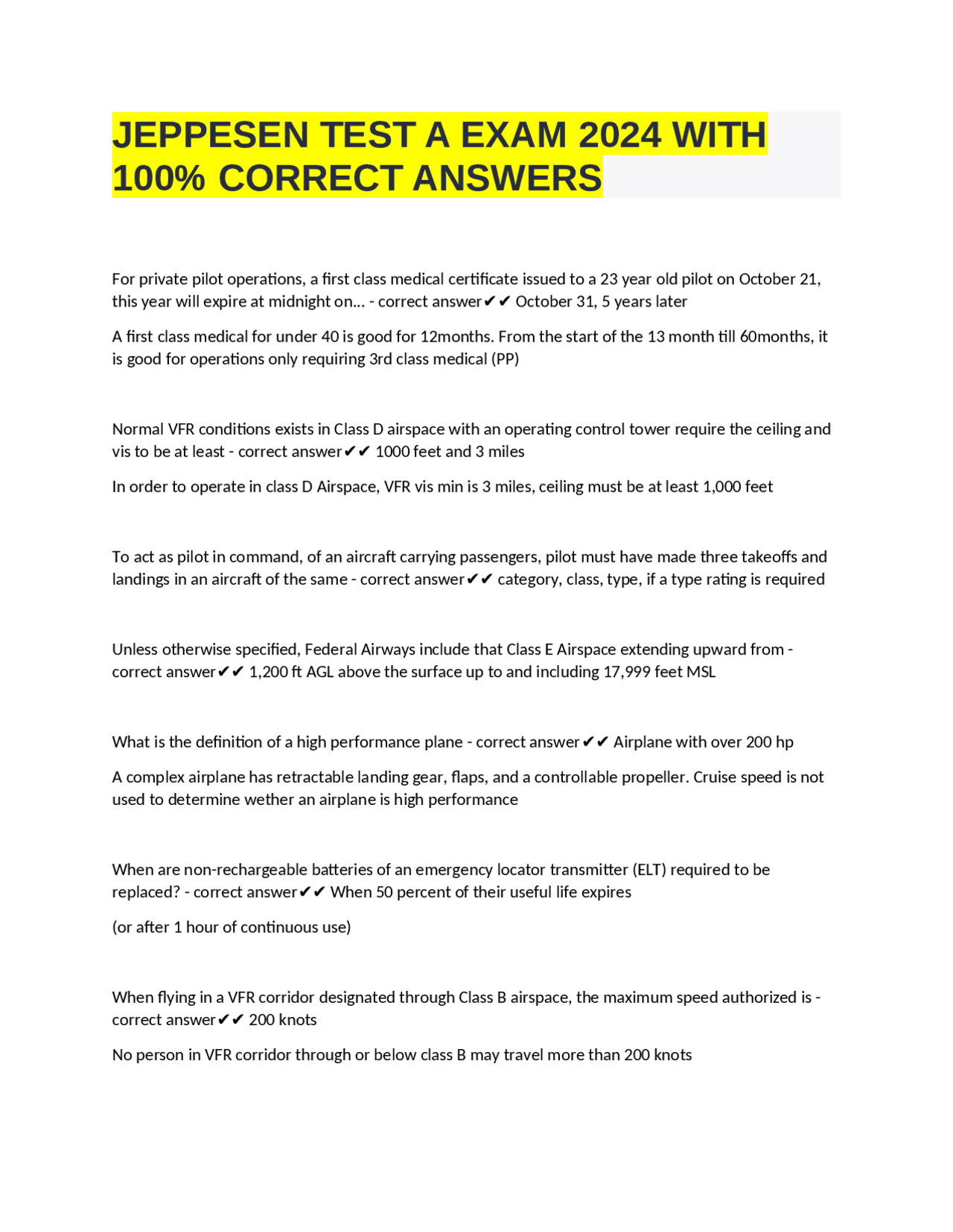 JEPPESEN PPL STAGE EXAM 2024 WITH 100% CORRECT ANSWERS | Exams ...