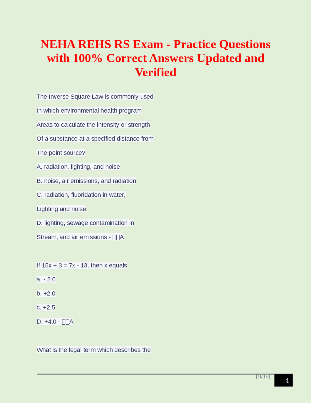 NEHA REHS RS Exam - Practice Questions with 100% Correct Answers ...