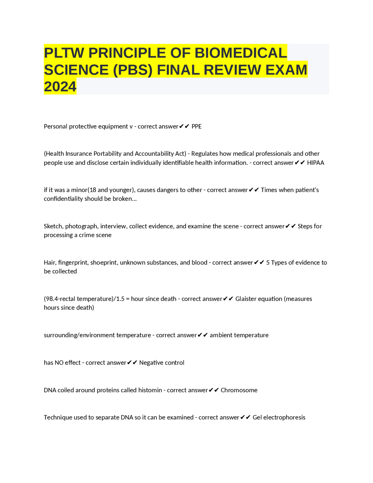 PLTW PRINCIPLE OF BIOMEDICAL SCIENCE (PBS) FINAL REVIEW EXAM 2024 | Exams Nursing | Docsity