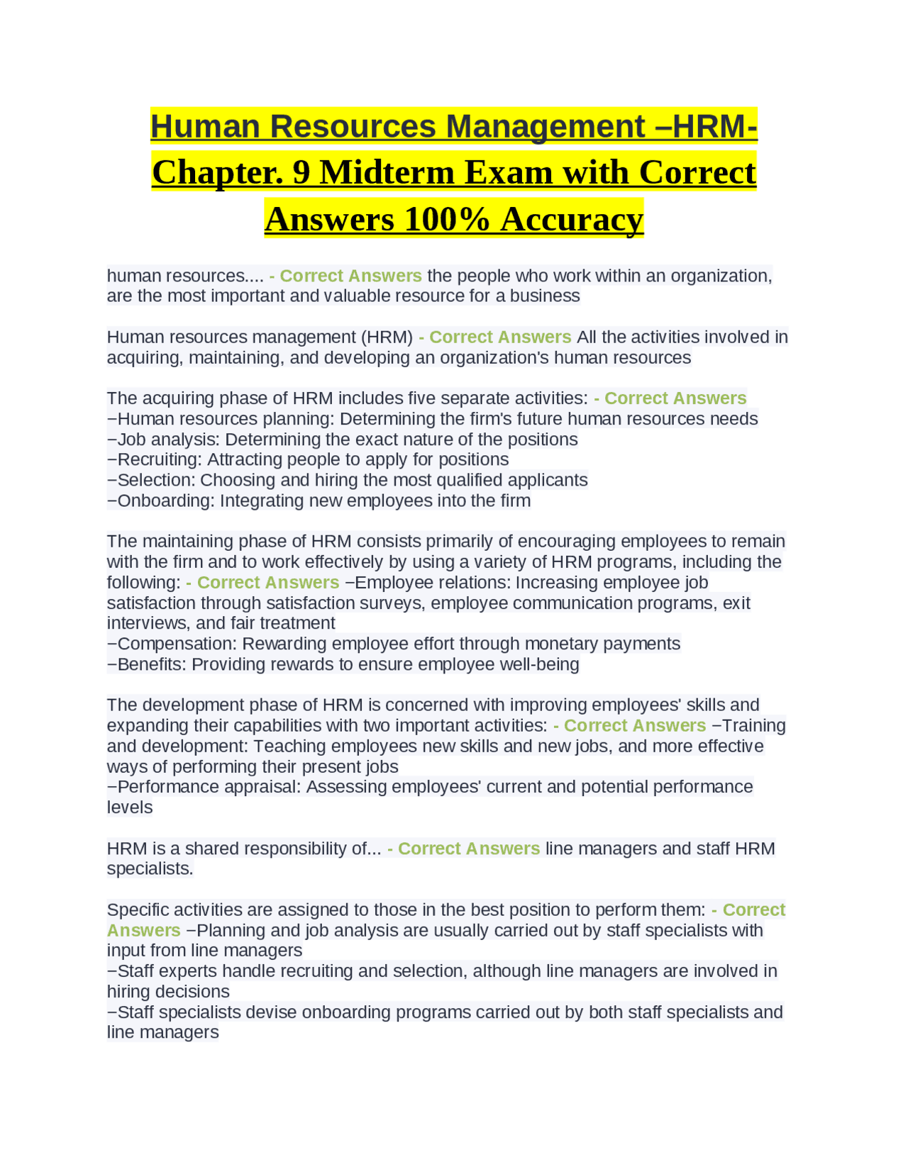 Human Resources Management –HRM- Chapter. 9 Midterm Exam with Correct Answers 100% Accurac ...