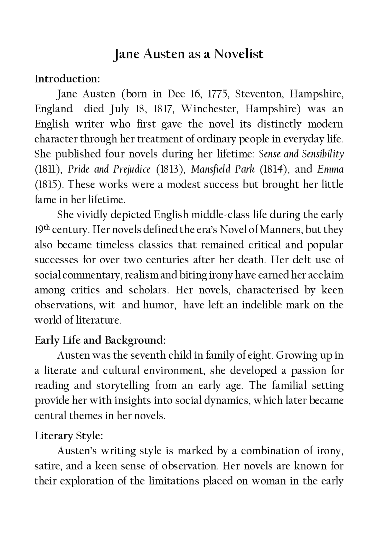 Jane Austen as a Novelist | Study notes English Literature | Docsity