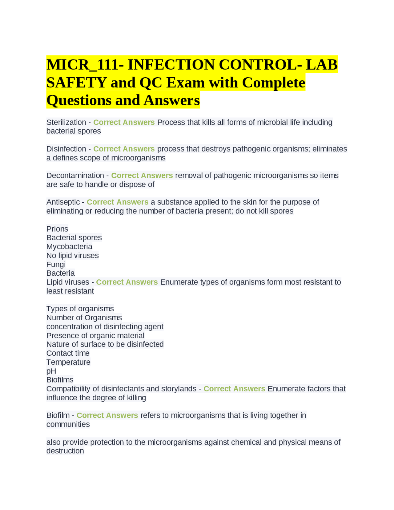 MICR_111- INFECTION CONTROL- LAB SAFETY and QC Exam with Complete ...