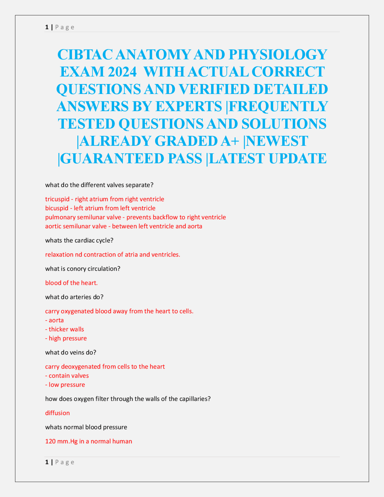 CIBTAC ANATOMYAND PHYSIOLOGY EXAM 2024 | Exams Nursing | Docsity