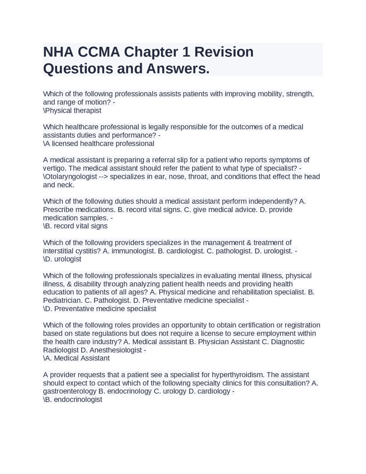 NHA CCMA Chapter 1 Revision Questions and Answers. | Exams Medicine ...