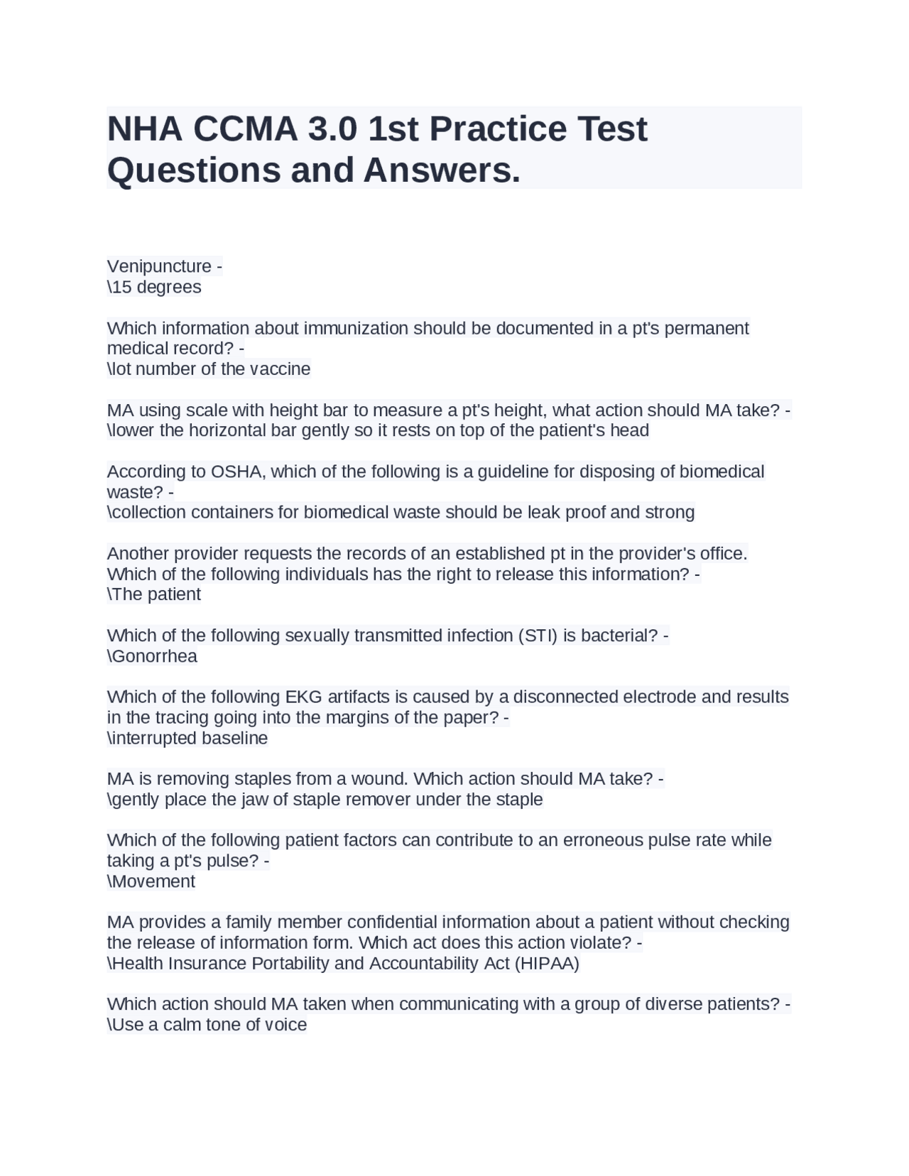 NHA CCMA 3.0 1st Practice Test Questions and Answers. | Exams Medicine ...