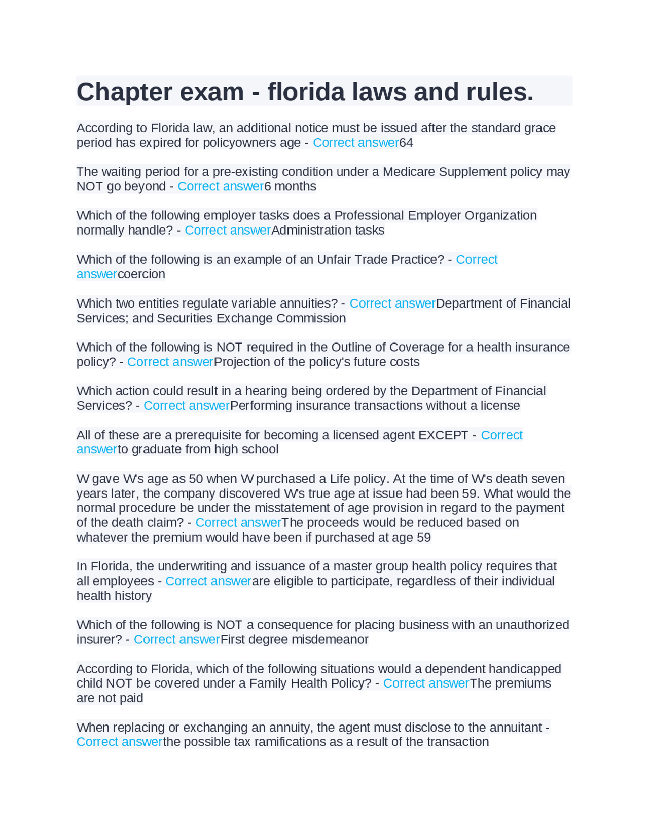 Chapter exam - florida laws and rules | Exams Law | Docsity