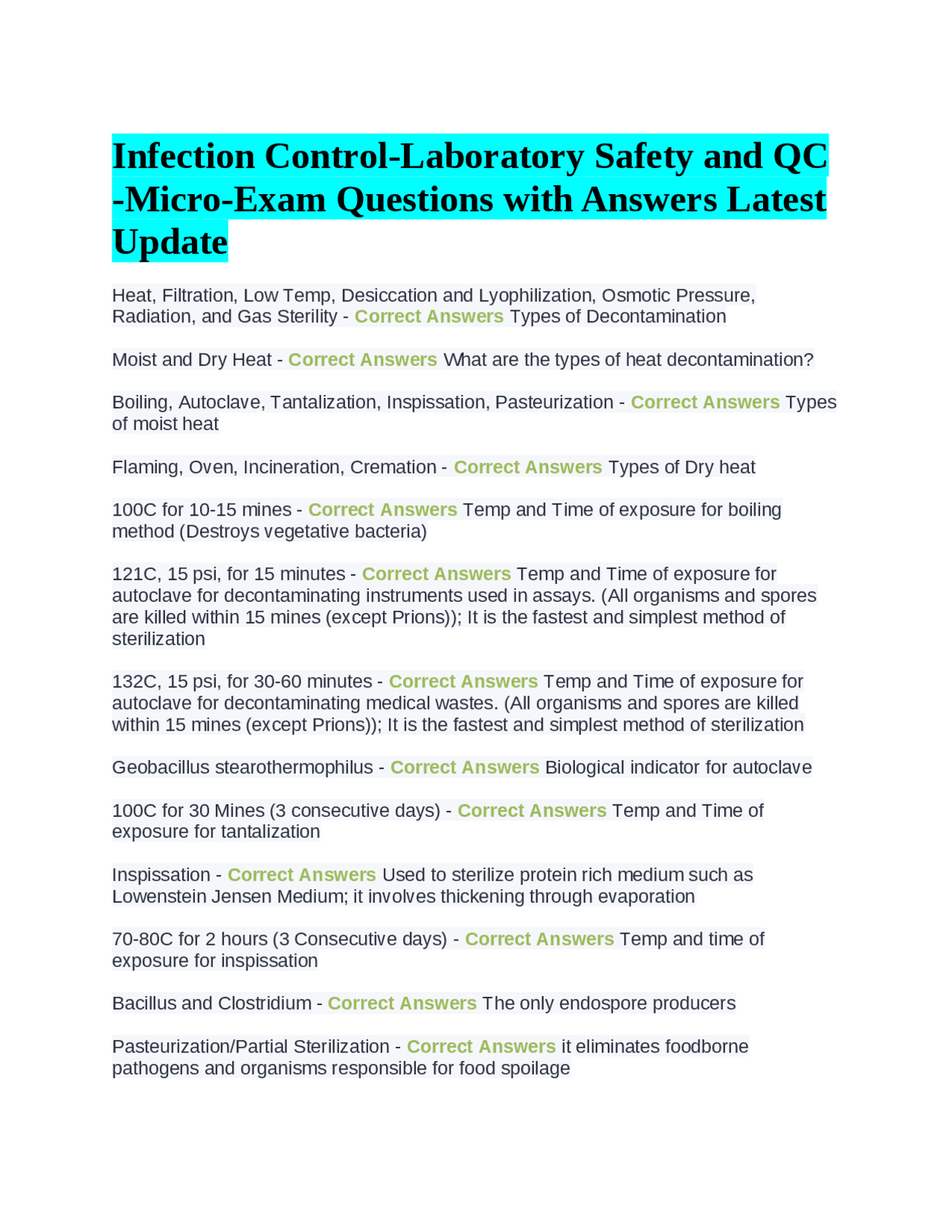 Infection Control-Laboratory Safety and QC -Micro-Exam Questions with ...