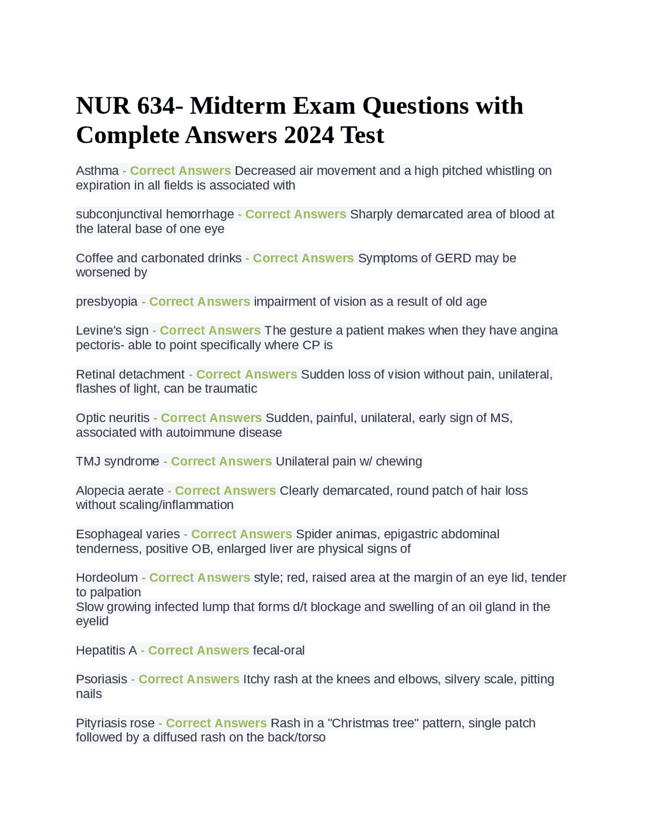 NUR 634 Midterm Exam Answers for Pathophysiology | Exams Nursing | Docsity