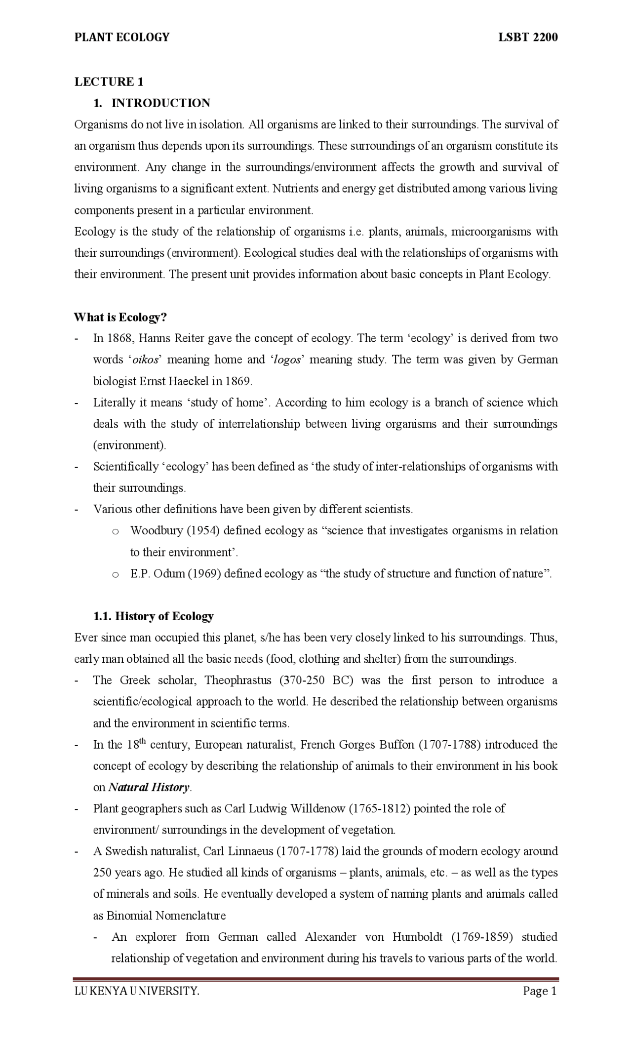 LSBT: 2200 PLANT ECOLOGY NOTES | Study notes Ecology and Environment ...