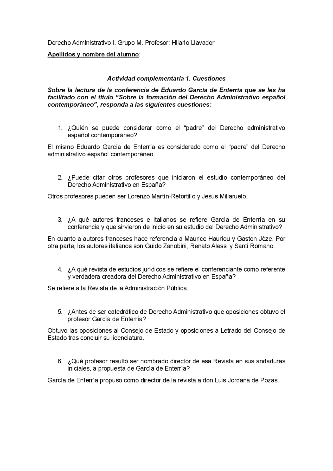 ACTIVIDAD COMPLEMENTARIA | Ejercicios de Derecho Administrativo | Docsity