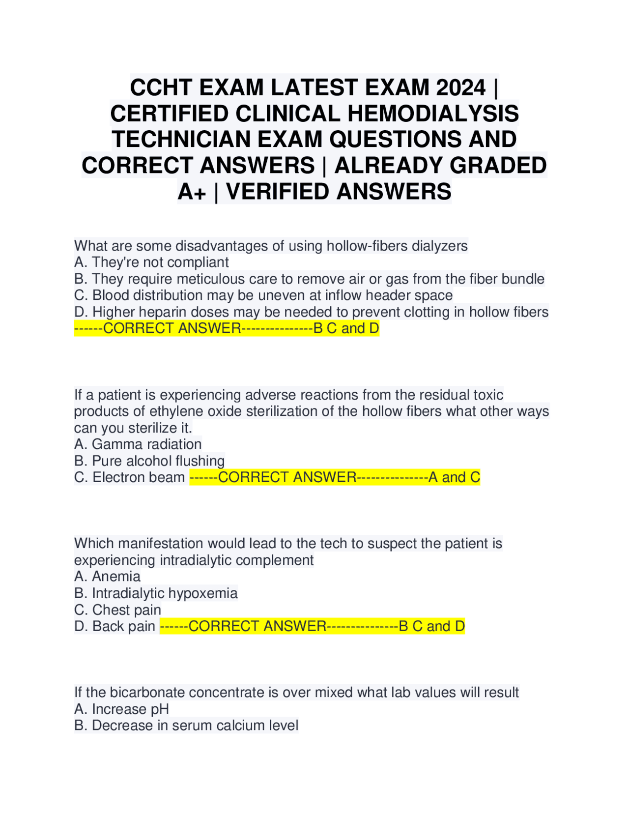 CCHT EXAM LATEST EXAM 2024 | CERTIFIED CLINICAL HEMODIALYSIS TECHNICIAN ...