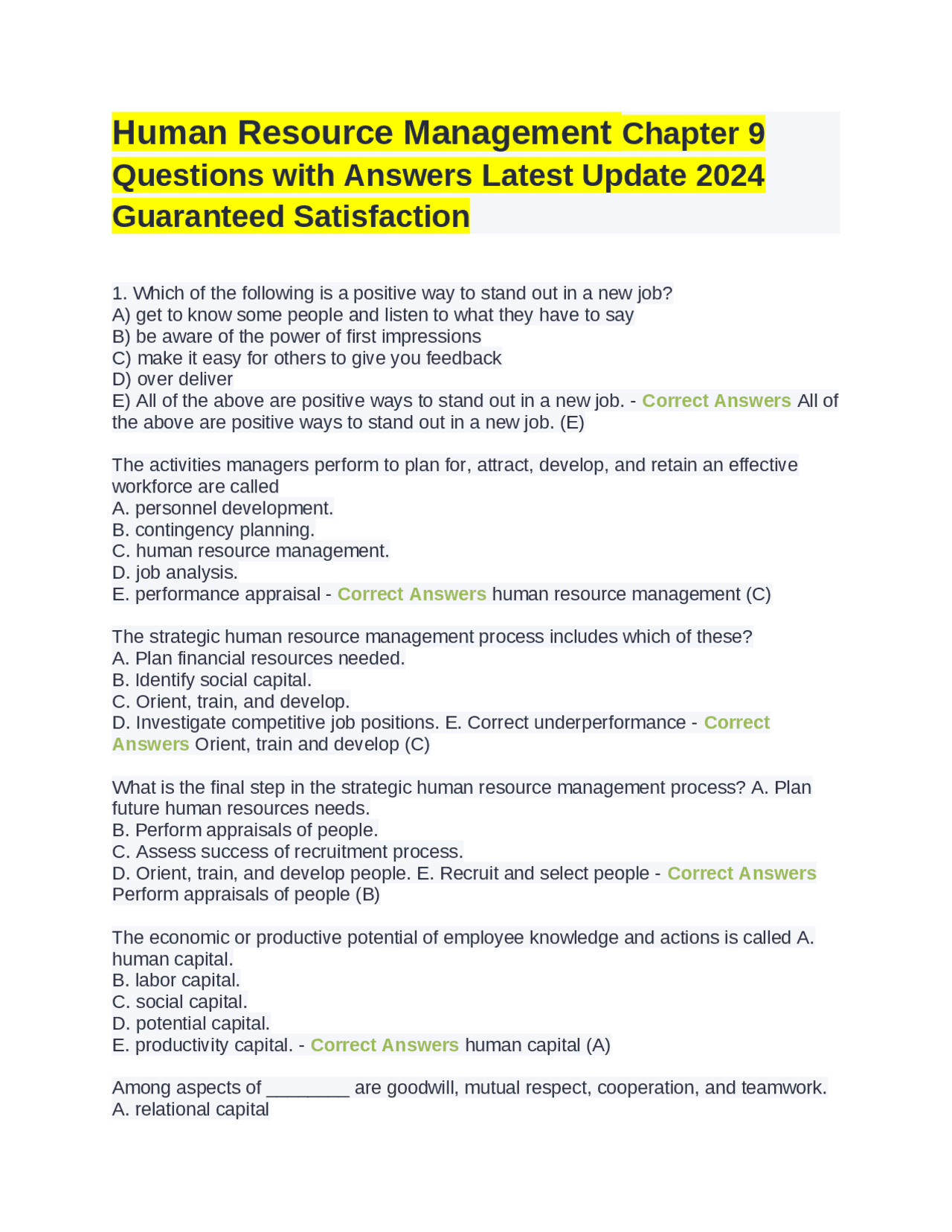 Human Resource Management Chapter 9 Questions with Answers Latest ...