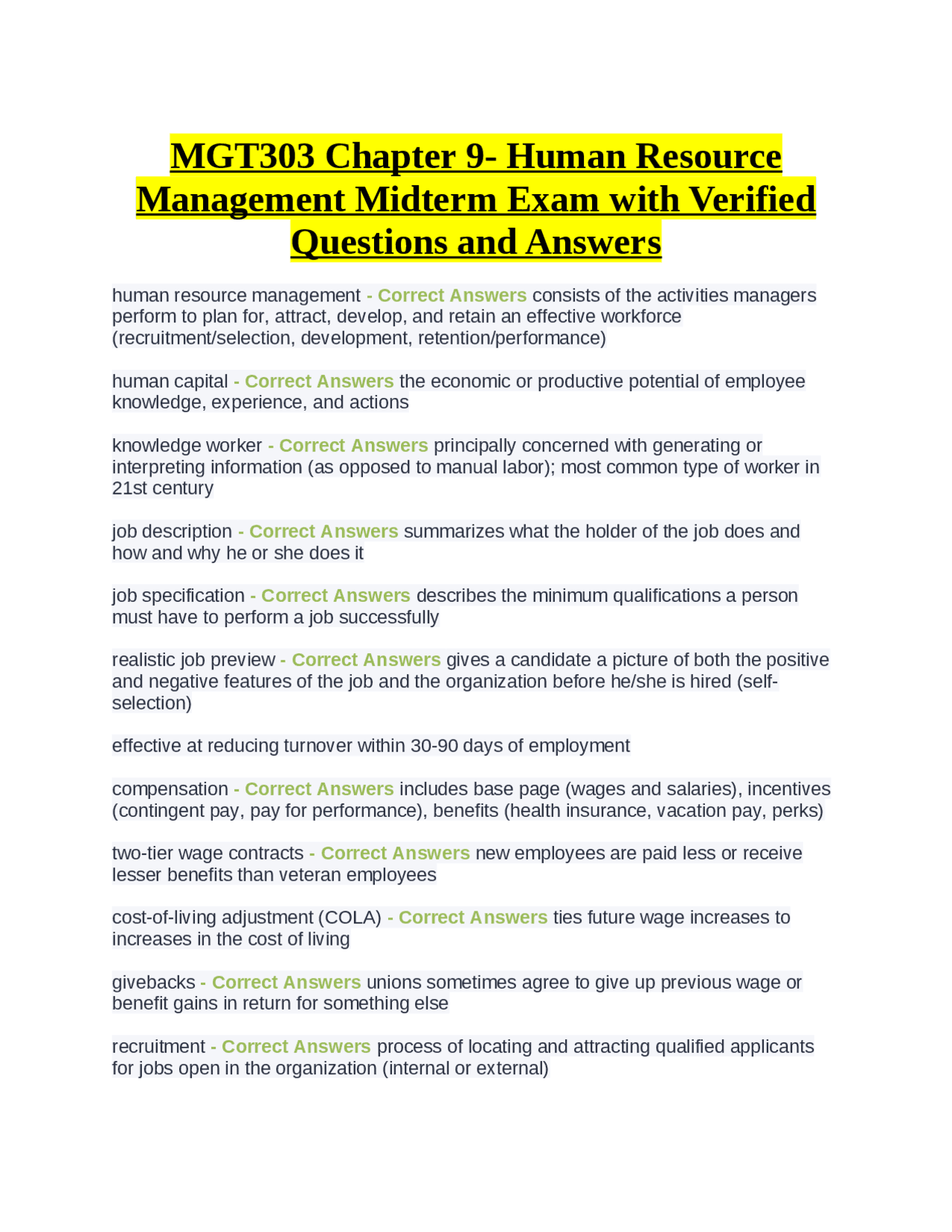MGT303 Chapter 9- Human Resource Management Midterm Exam with Verified Questions and Answe ...