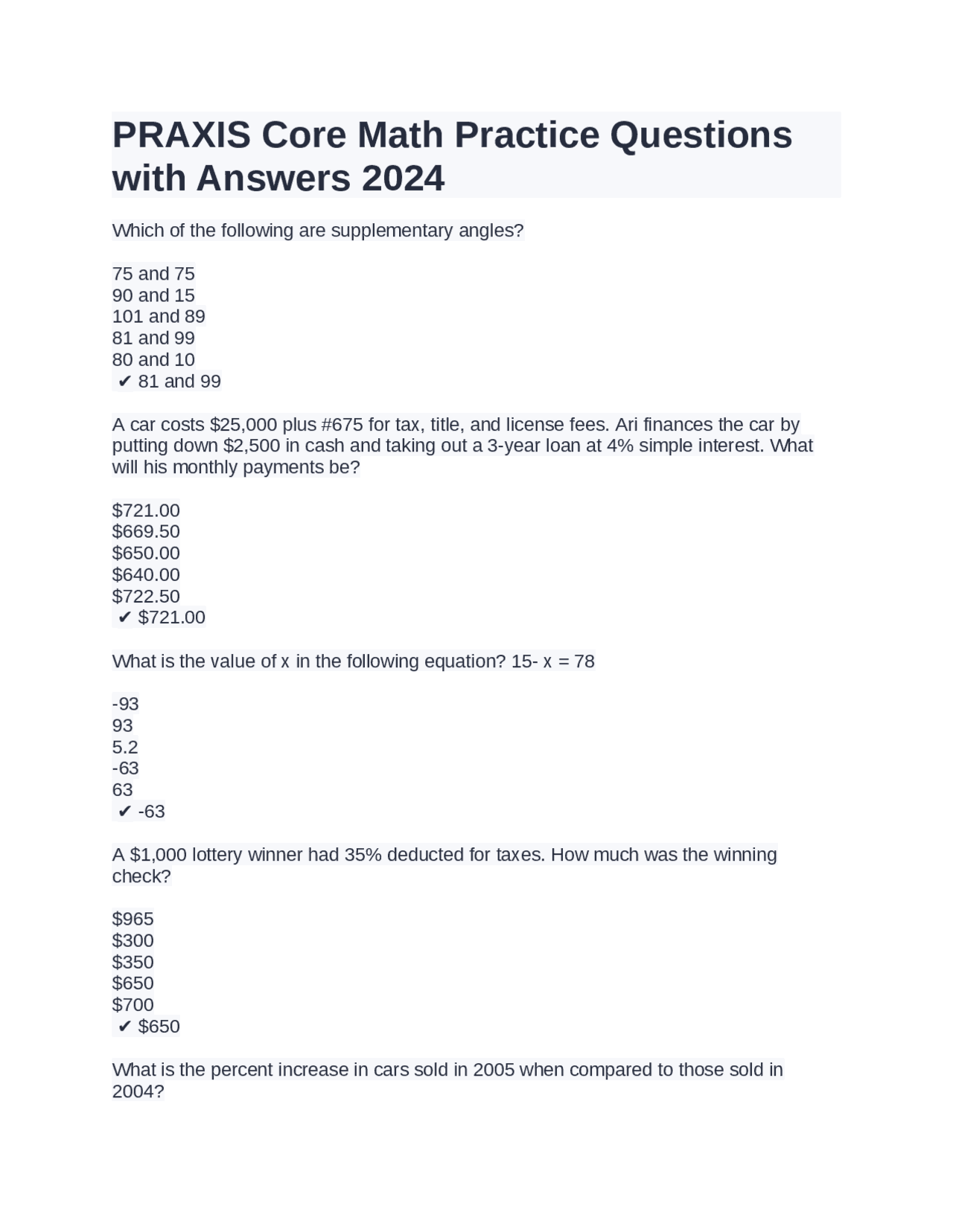 PRAXIS Core Math Practice Questions with Answers 2024 | Exams ...