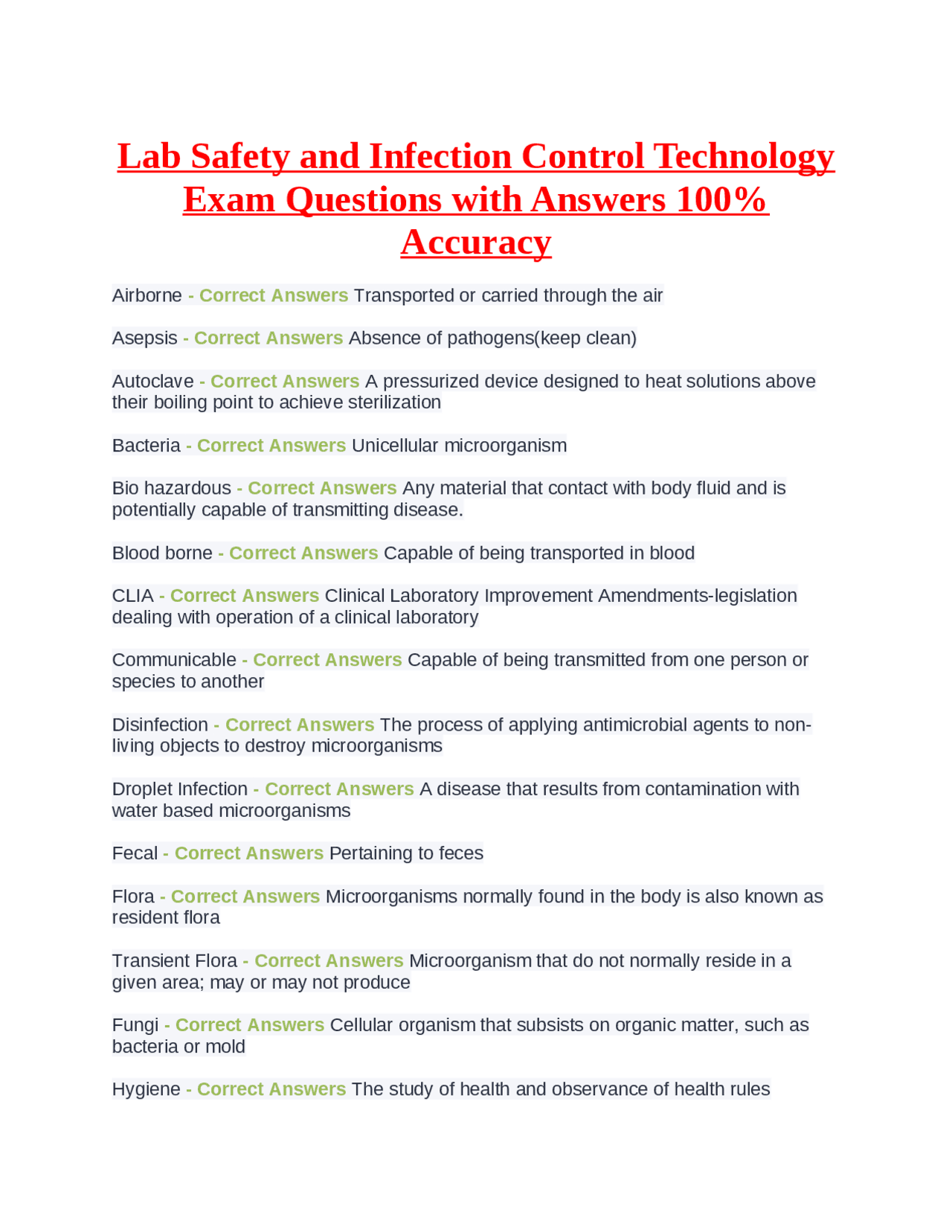 Lab Safety and Infection Control Technology Exam Questions with Answers 100% Accuracy | Exams ...