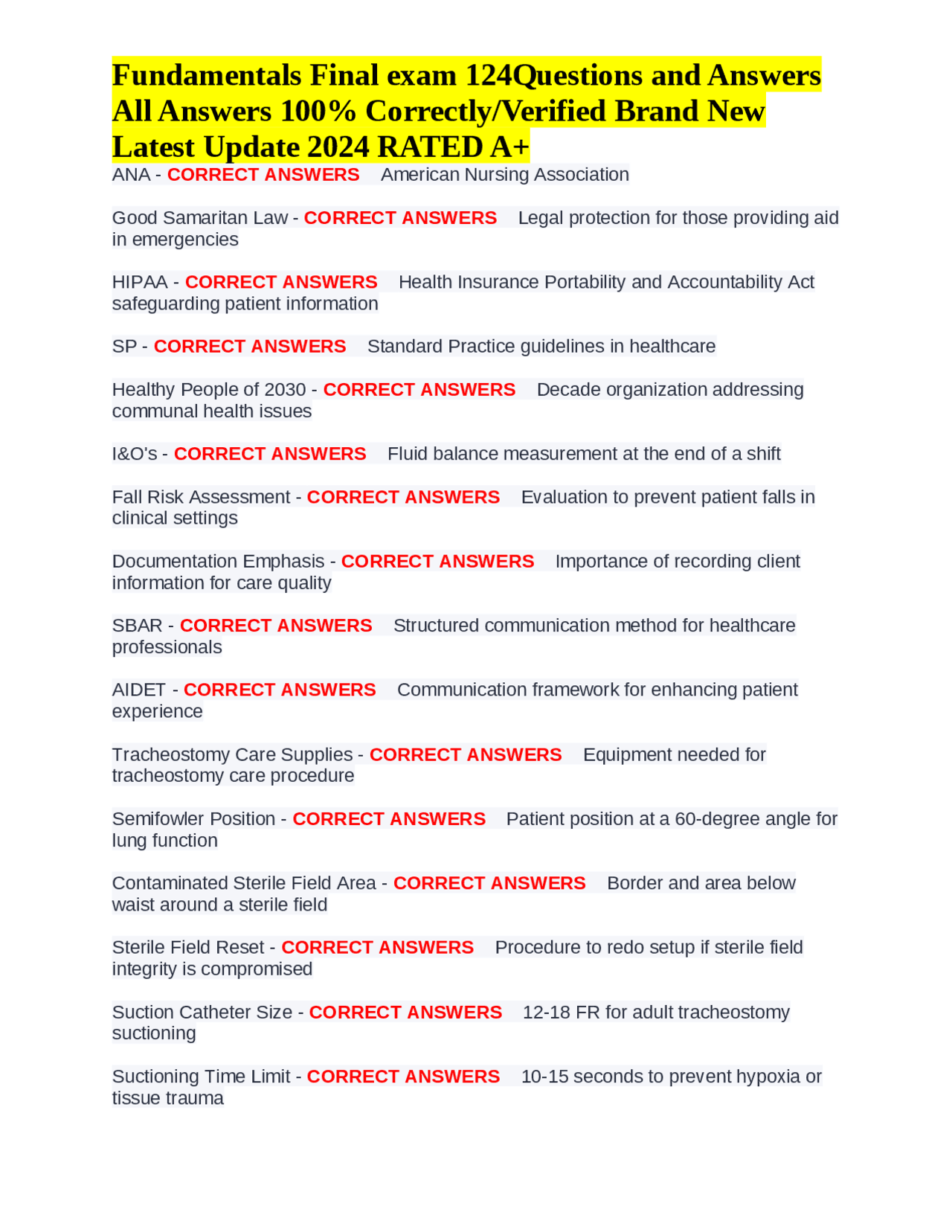 Fundamentals Final exam 124Questions and Answers All Answers 100% ...