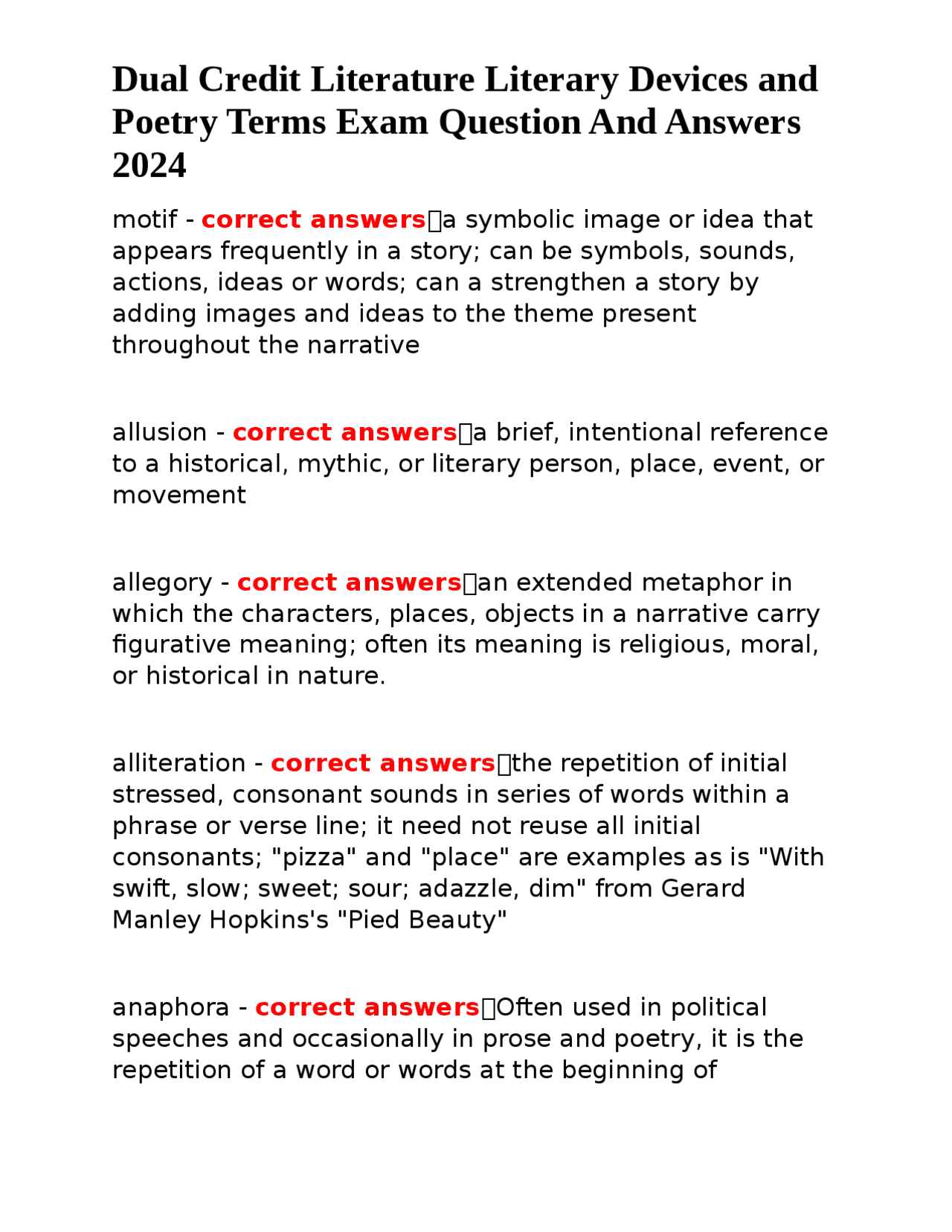 Dual Credit Literature Literary Devices and Poetry Terms Exam Question ...