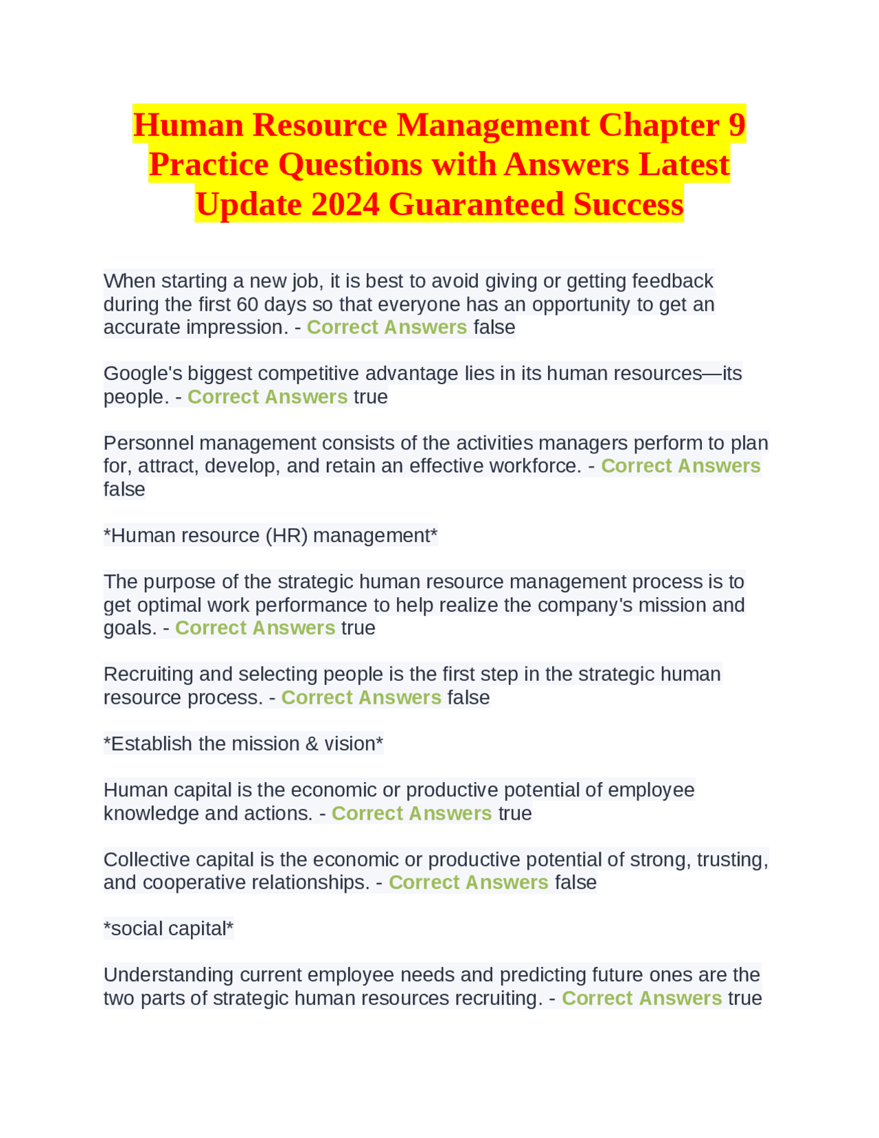 Human Resource Management Chapter 9 Practice Questions with Answers ...