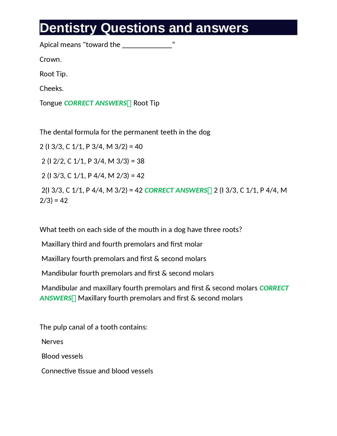 Dentistry Questions and answers | Exams Dentistry | Docsity