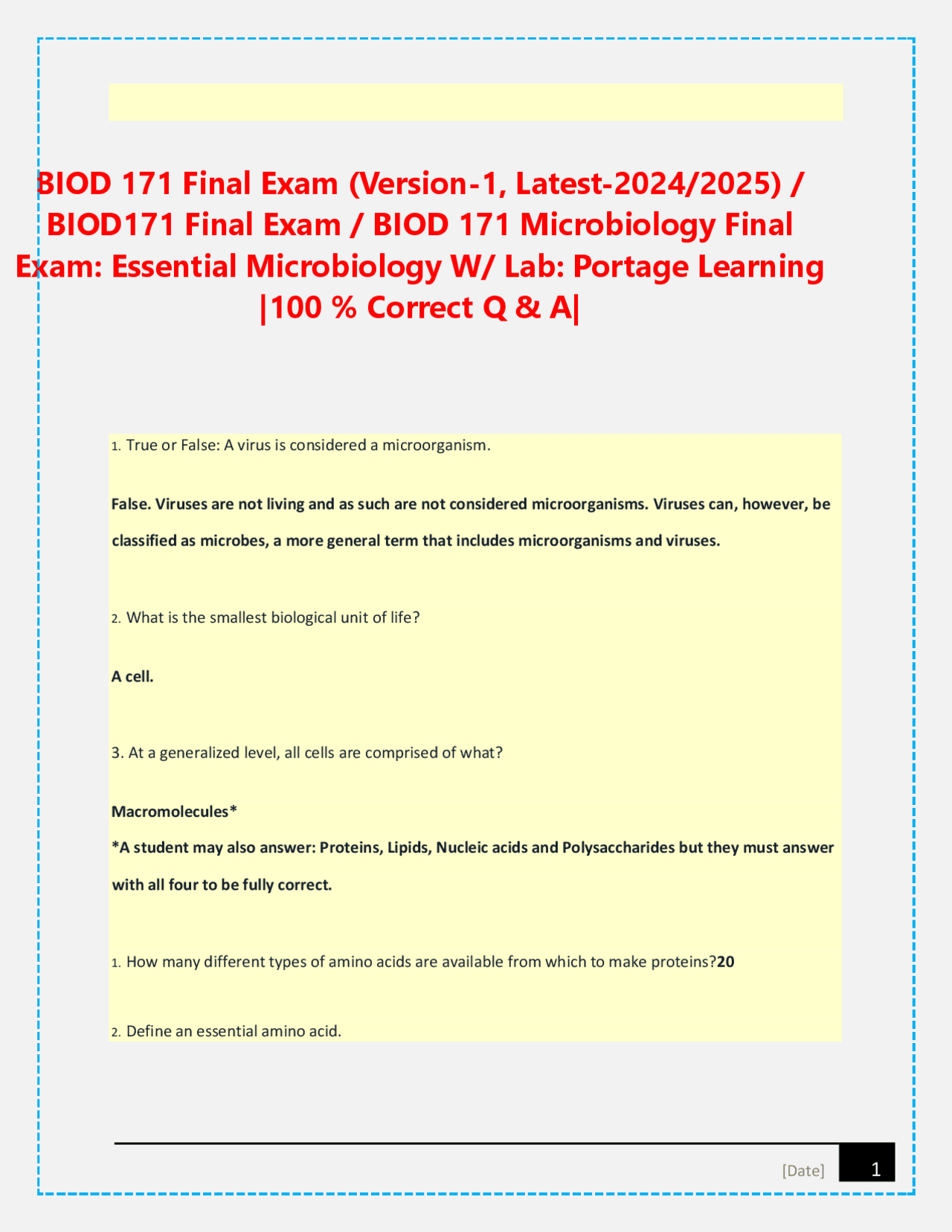 BIOD 171 Final Exam (Version-1, Latest-2024/2025) / BIOD171 Final Exam ...