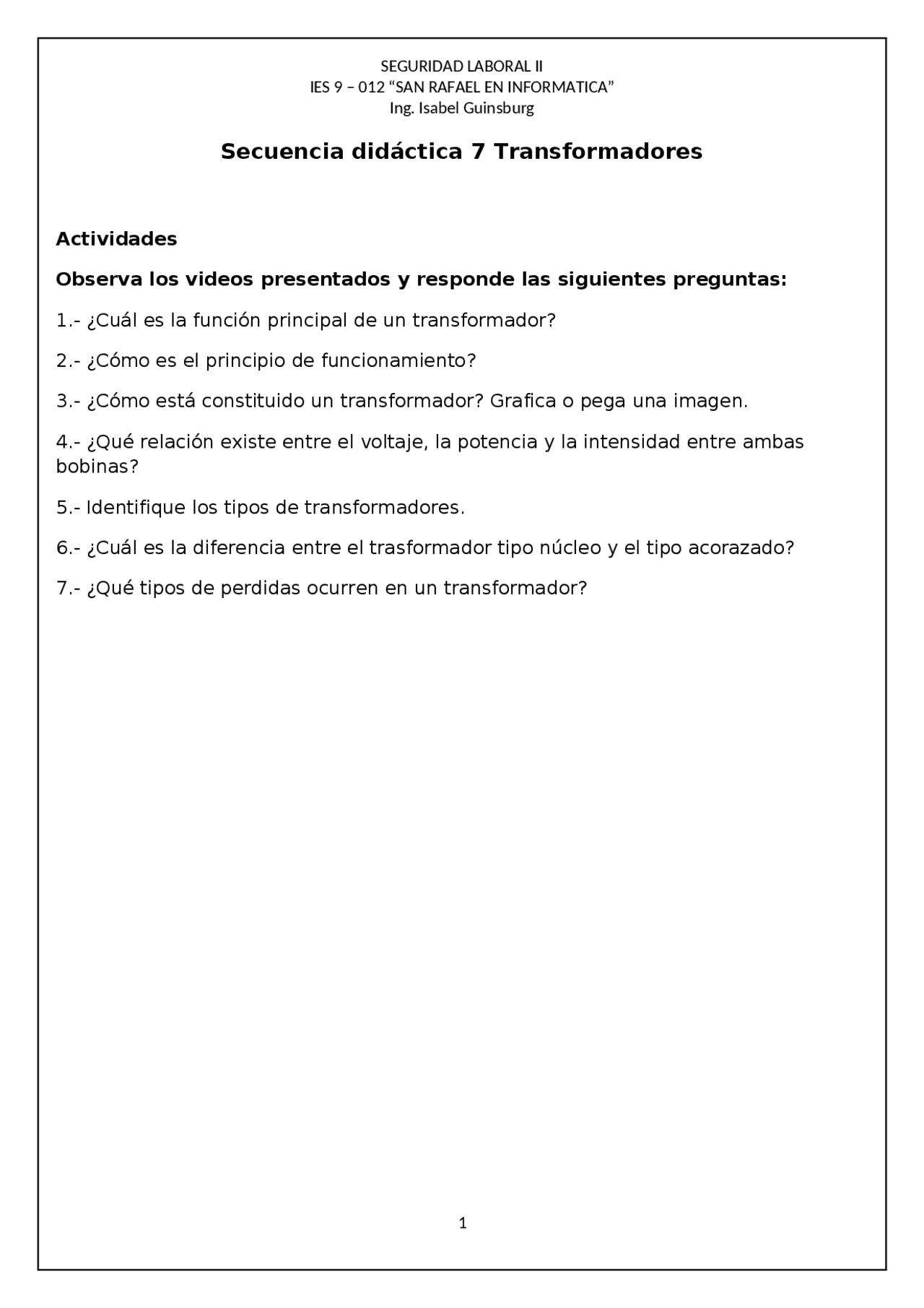 Actividades transformadores | Ejercicios de Física | Docsity