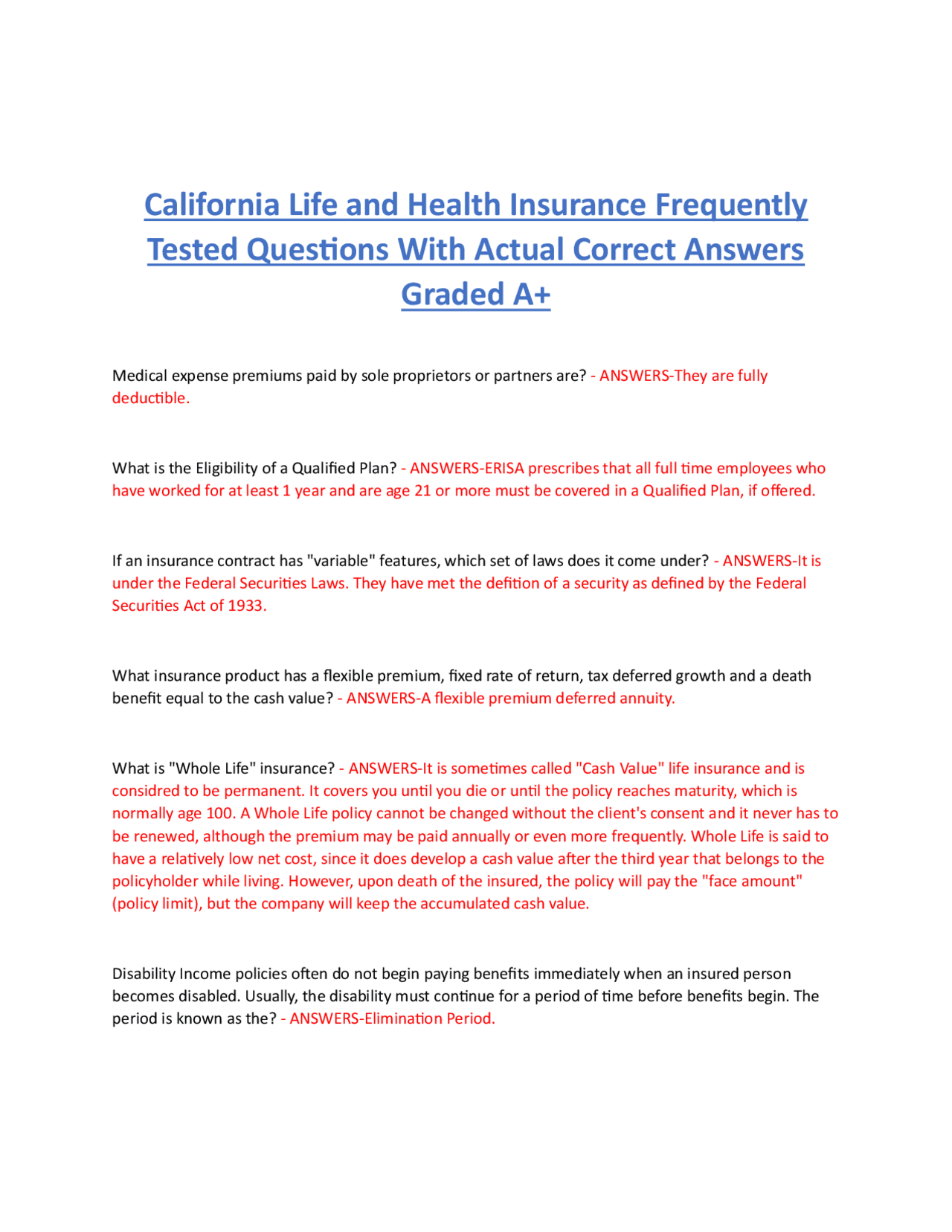 California Life and Health Insurance Frequently Tested Questions ...