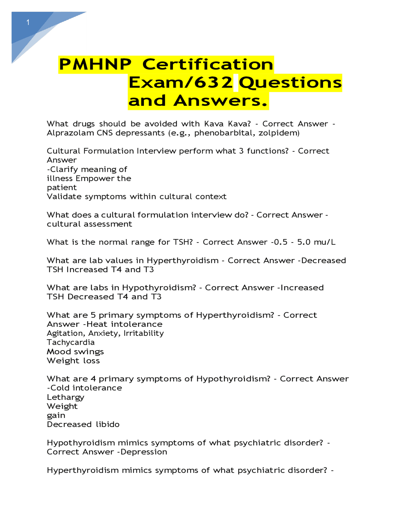 PMHNP Certification Exam / 632 Questions and Answers 2024-2025 Graded ...