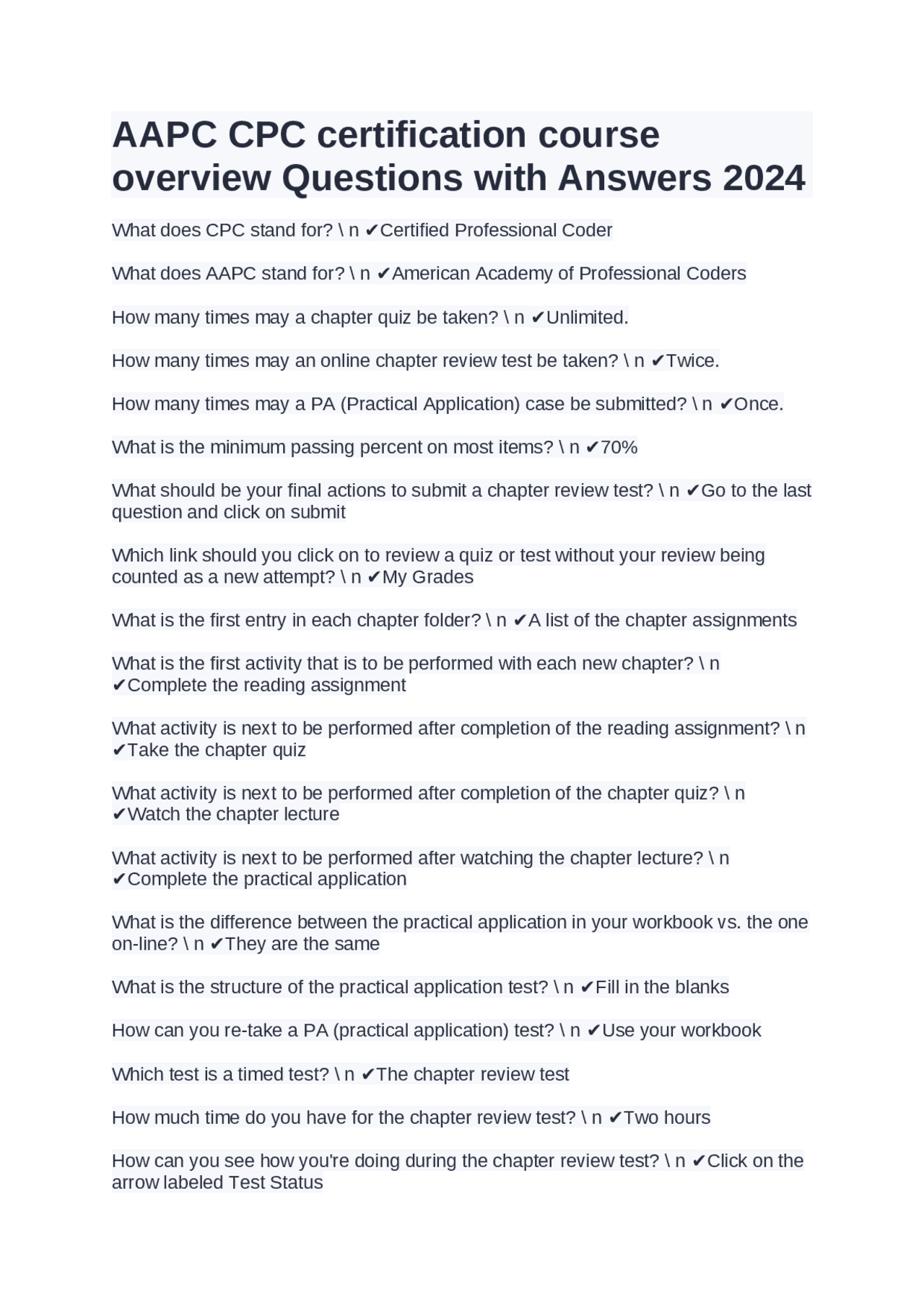 AAPC CPC certification course overview Questions with Answers 2024 | Exams Medicine | Docsity