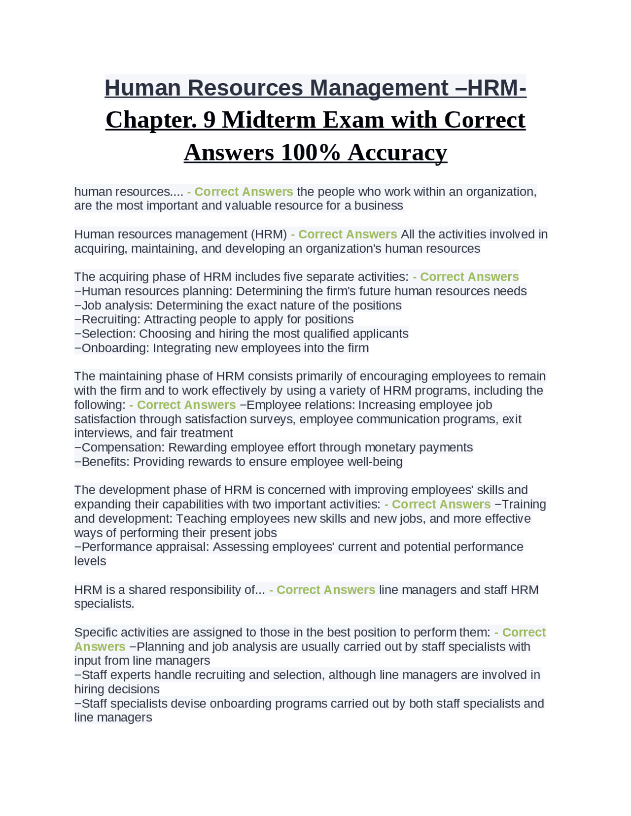 Human Resources Management –HRM- Chapter. 9 Midterm Exam with Correct Answers 100% Accurac ...