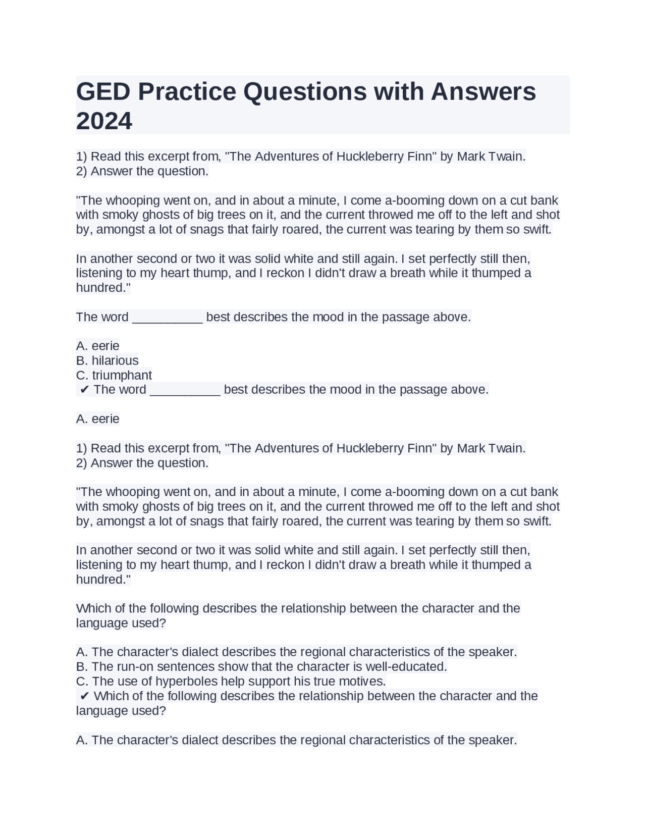 GED Practice Questions with Answers 2024 | Exams English Language | Docsity