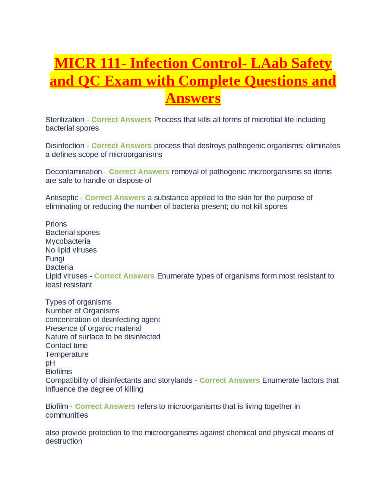 MICR 111- Infection Control- LAab Safety and QC Exam with Complete Questions and Answers | Exams ...