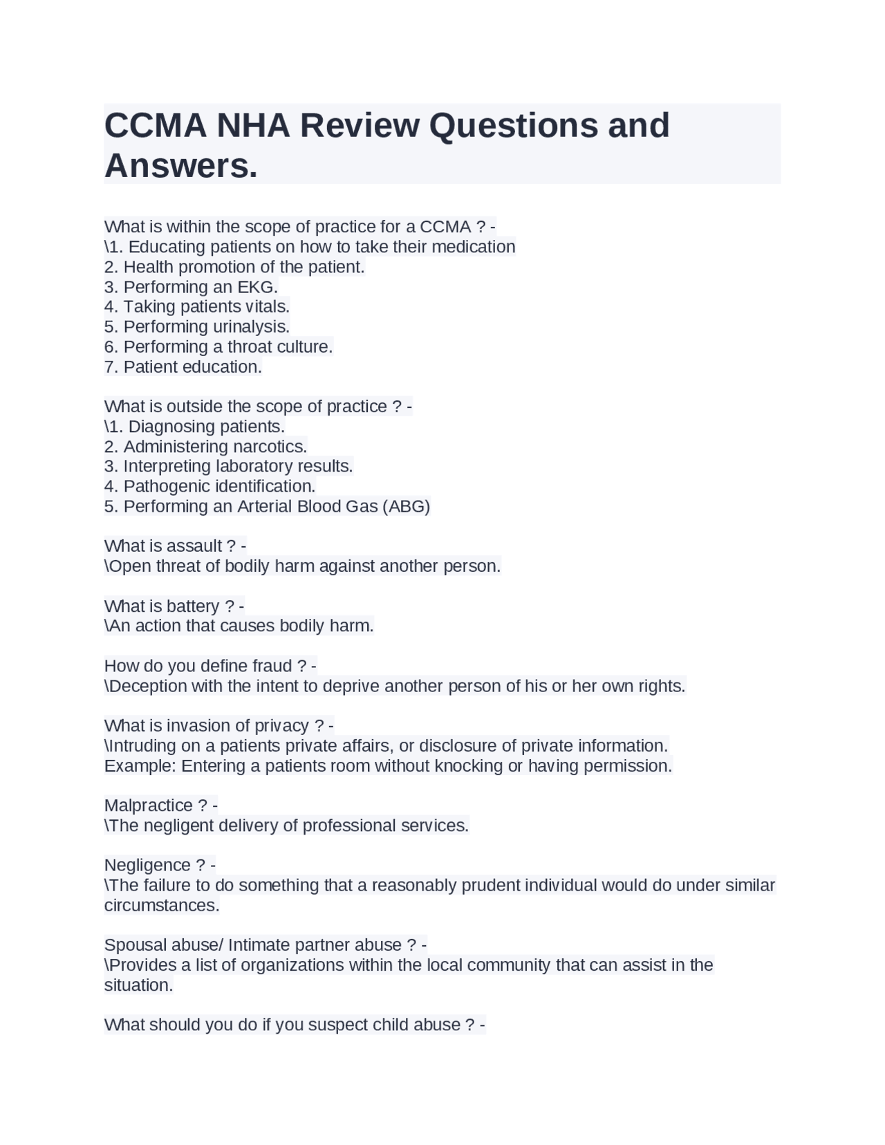CCMA NHA Review Questions and Answers. | Exams Medicine | Docsity
