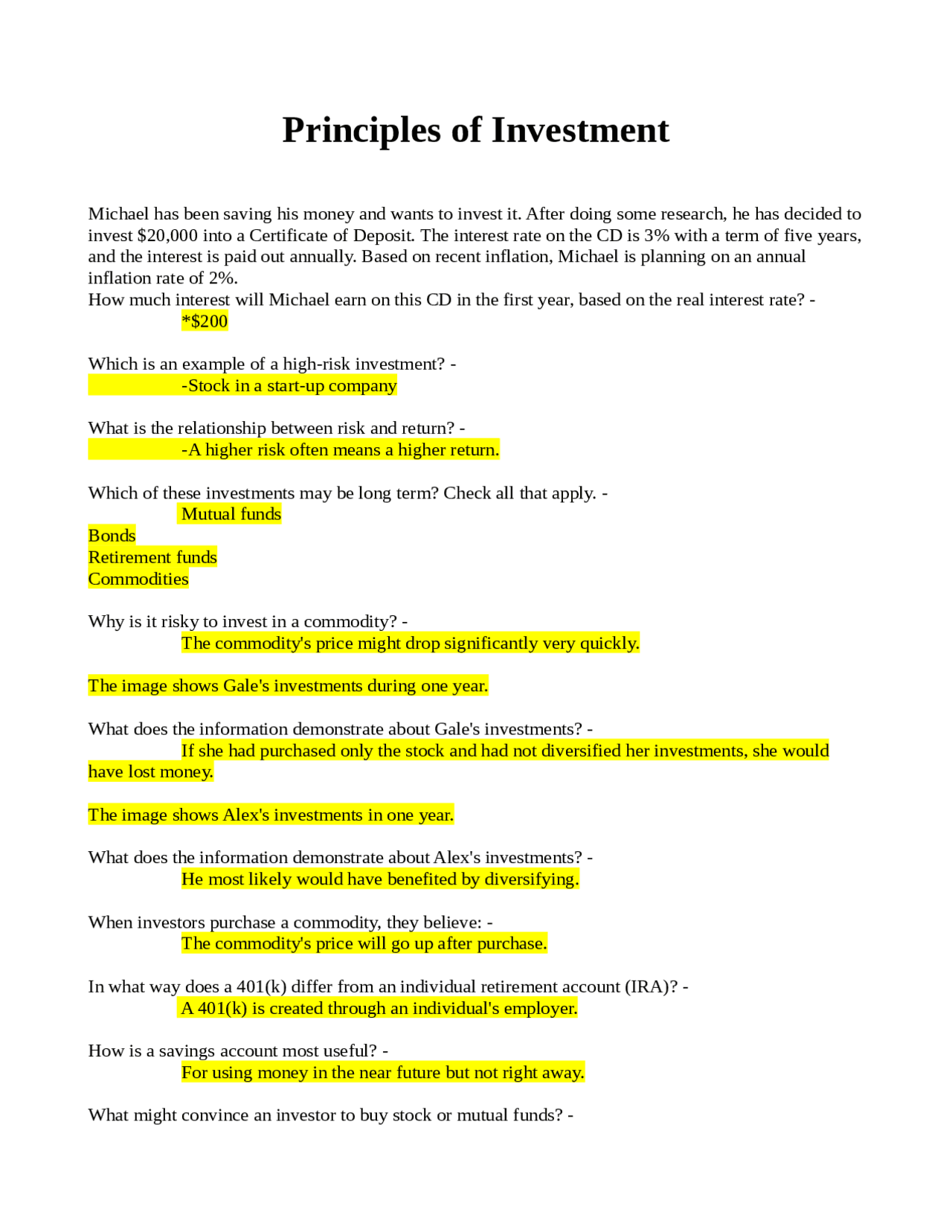 Principles of Investment | Exams Finance | Docsity