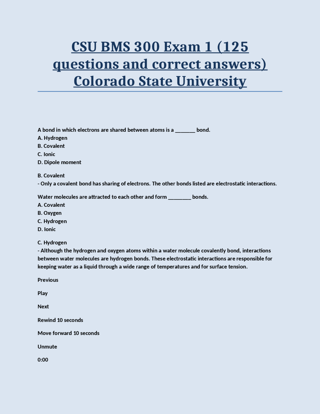 CSU BMS 300 Exam 1 (125 questions and correct answers) Colorado State ...