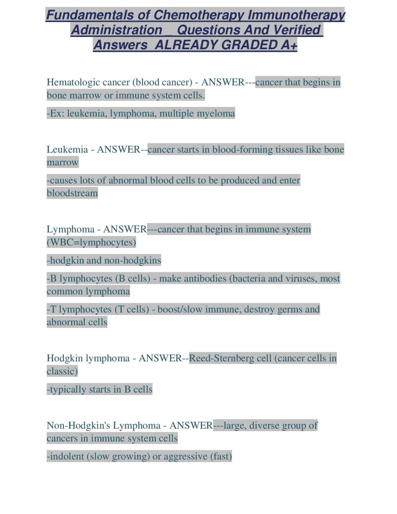 Fundamentals of Chemotherapy Exam 2024 NEW UPDATE QUESTIONS AND CORRECT ...