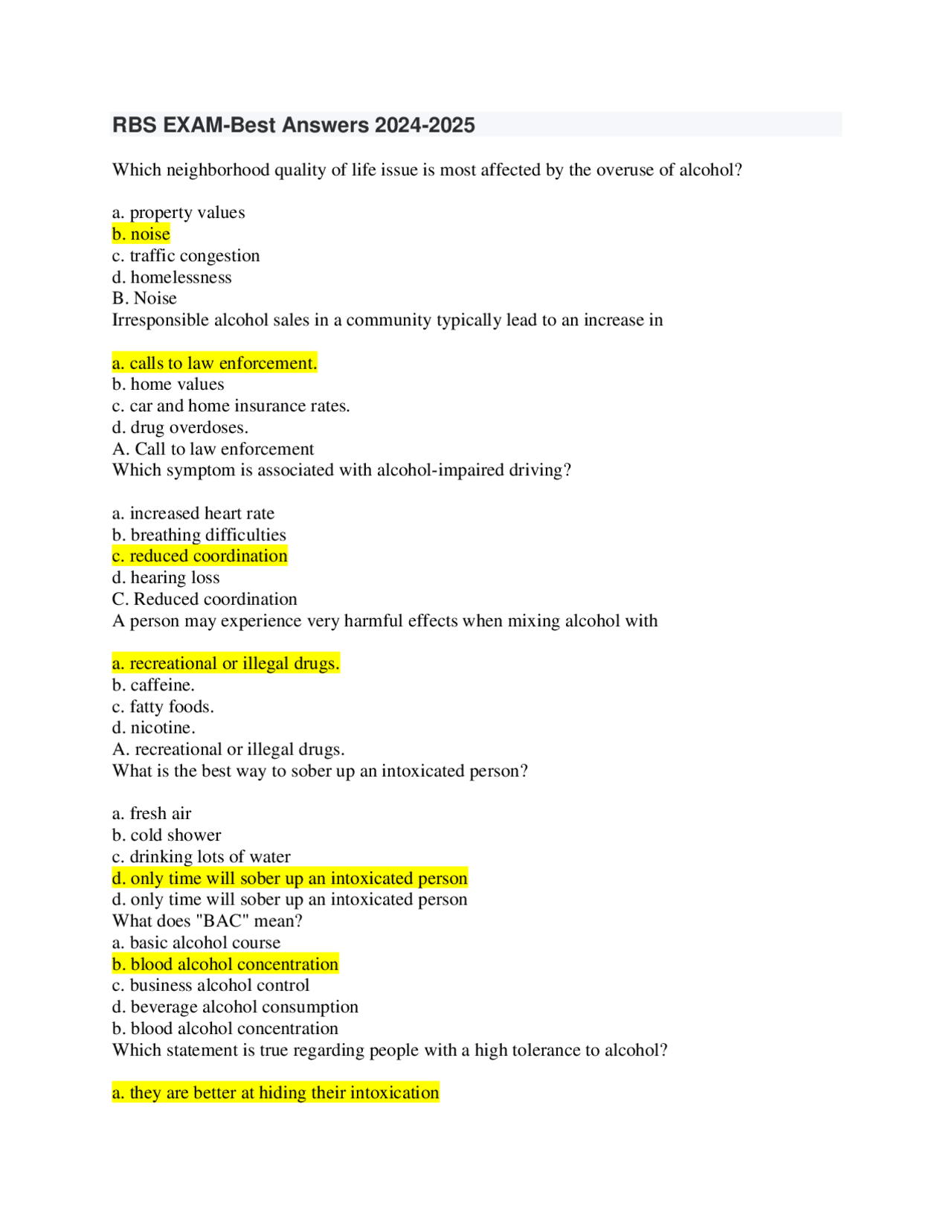RBS EXAM-Best Answers 2024-2025 | Exams Nursing | Docsity