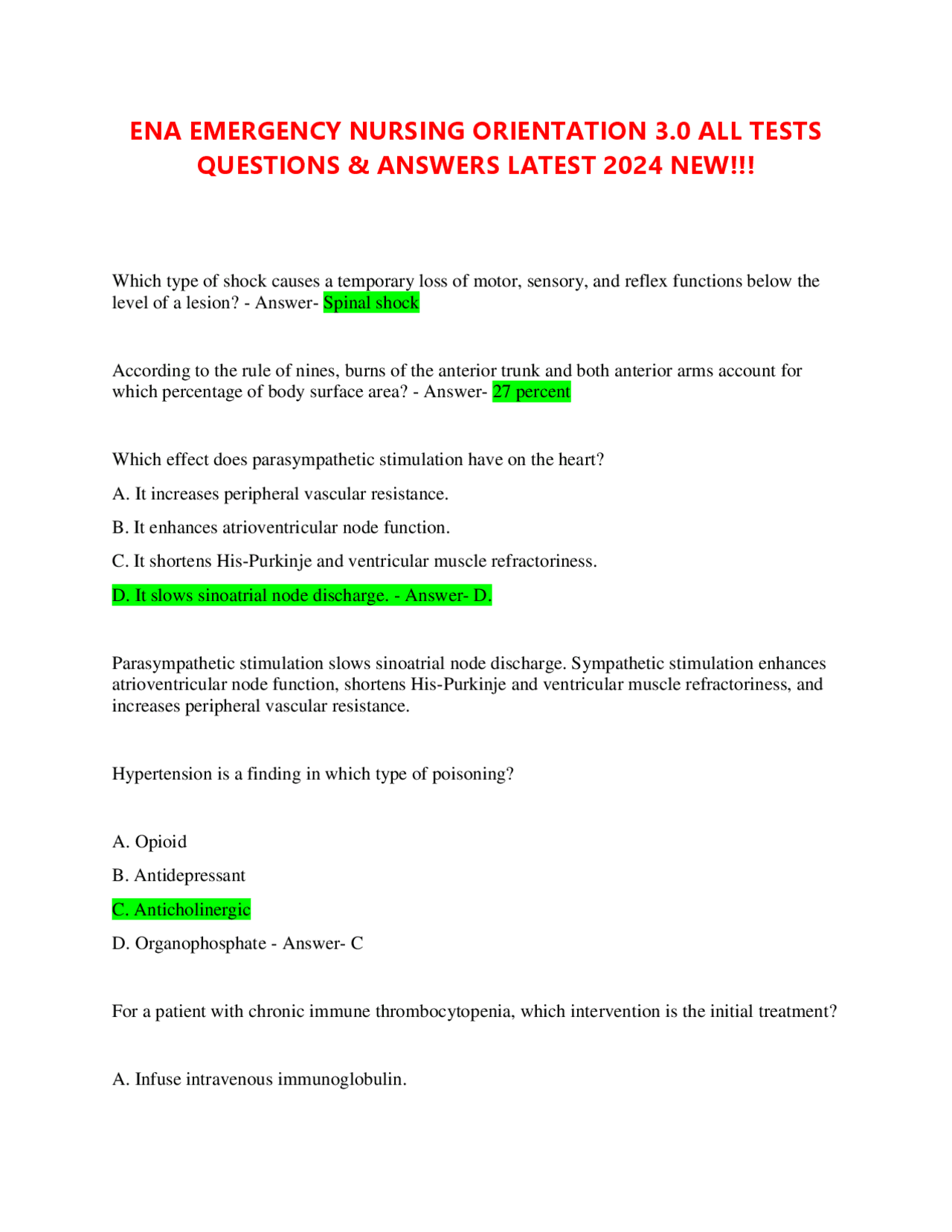 ENA EMERGENCY NURSING ORIENTATION 3.0 ALL TESTS QUESTIONS & ANSWERS ...