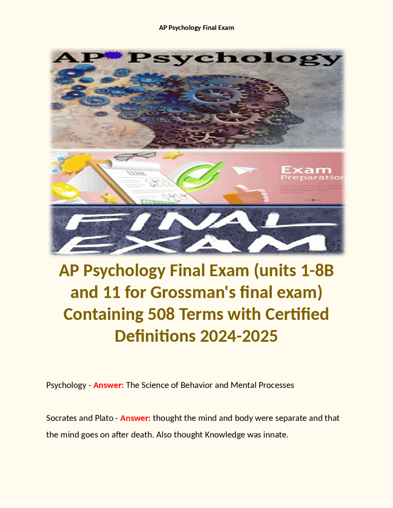 AP Psychology Final Exam (units 1-8B and 11 for Grossman's final exam ...
