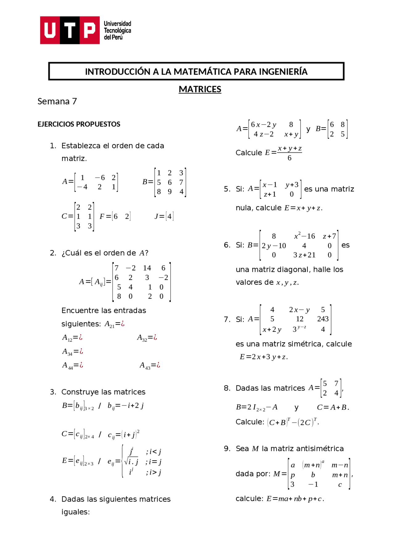 Ejercicios Propuestos de Matrices: Introducción a la Matemática para Ingeniería | Resúmenes de ...
