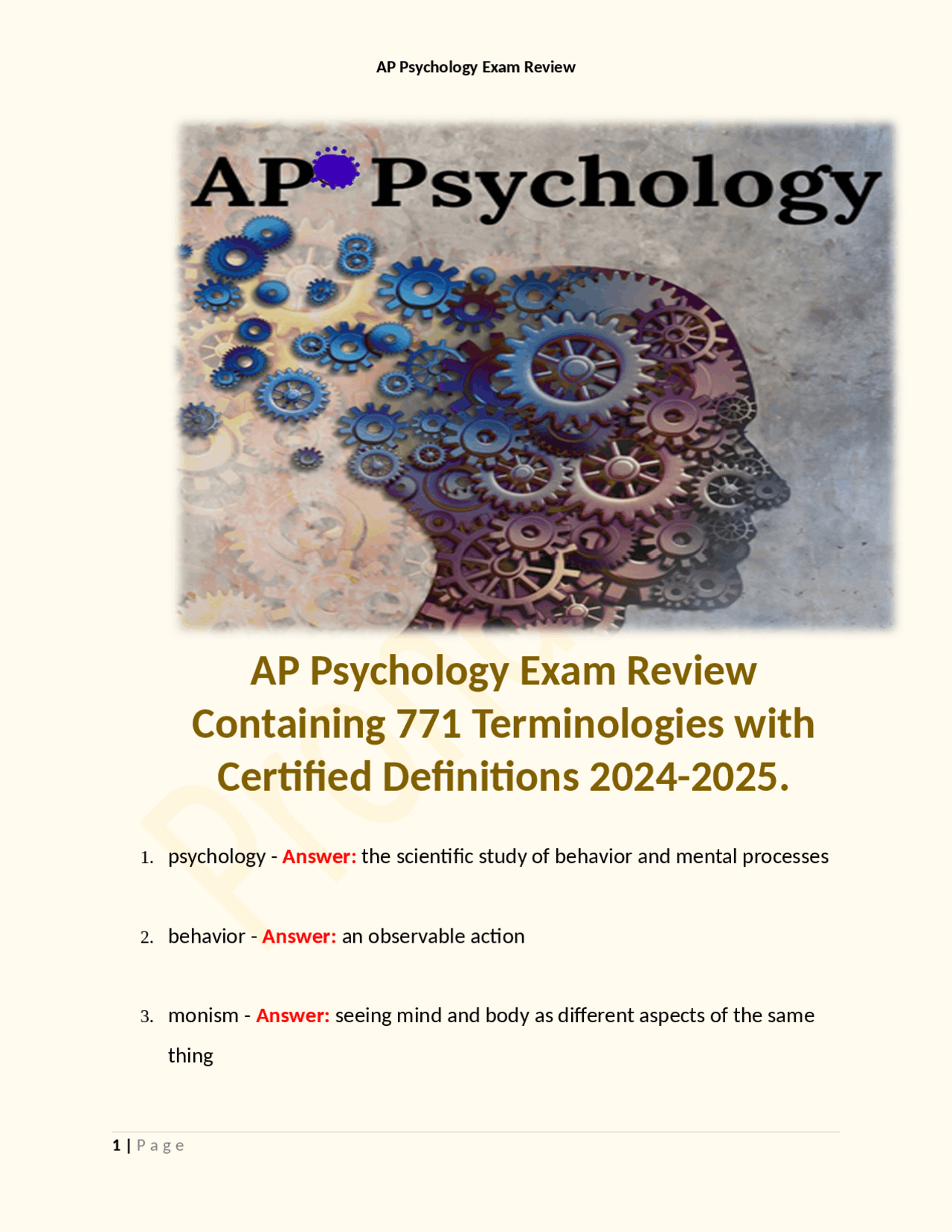 AP Psychology Exam Review Containing 771 Terminologies with Certified ...