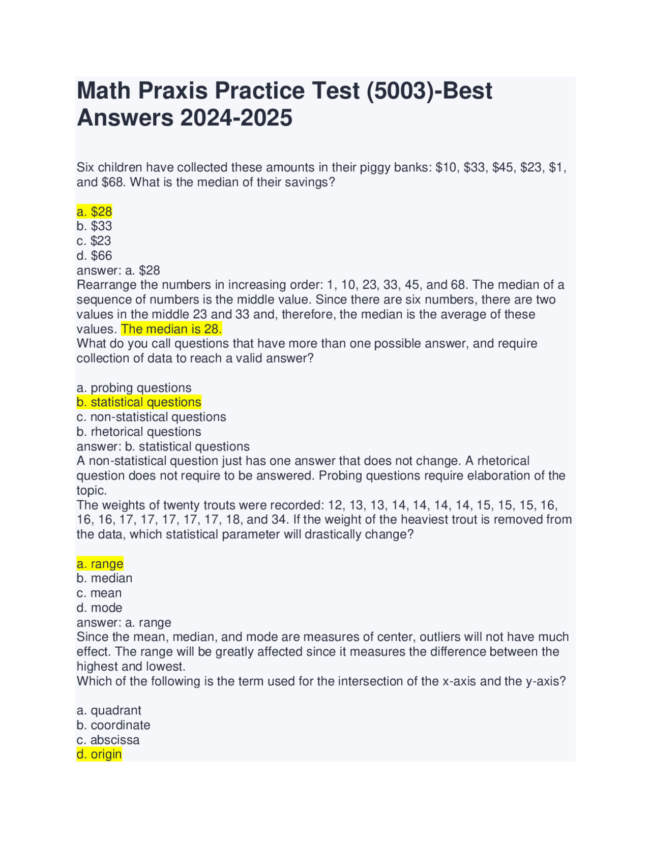 Math Praxis Practice Test (5003)-Best Answers 2024-2025 | Exams ...